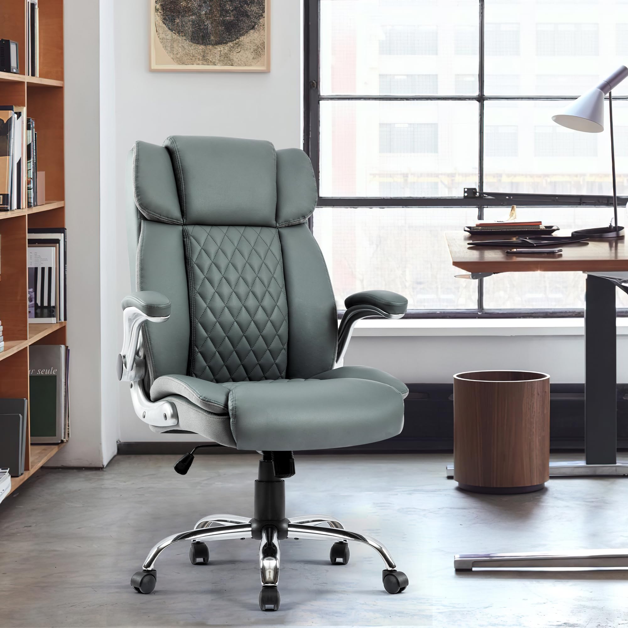 HOMYEDAMIC High Back Ergonomic Office Chair, Flip Arms Big & Tall Executive Swivel PU Bonded Leather Computer Chairs Adjustable Tilt Angle, Wide Thick Seat, Design for Back Pain (7011-Grey)