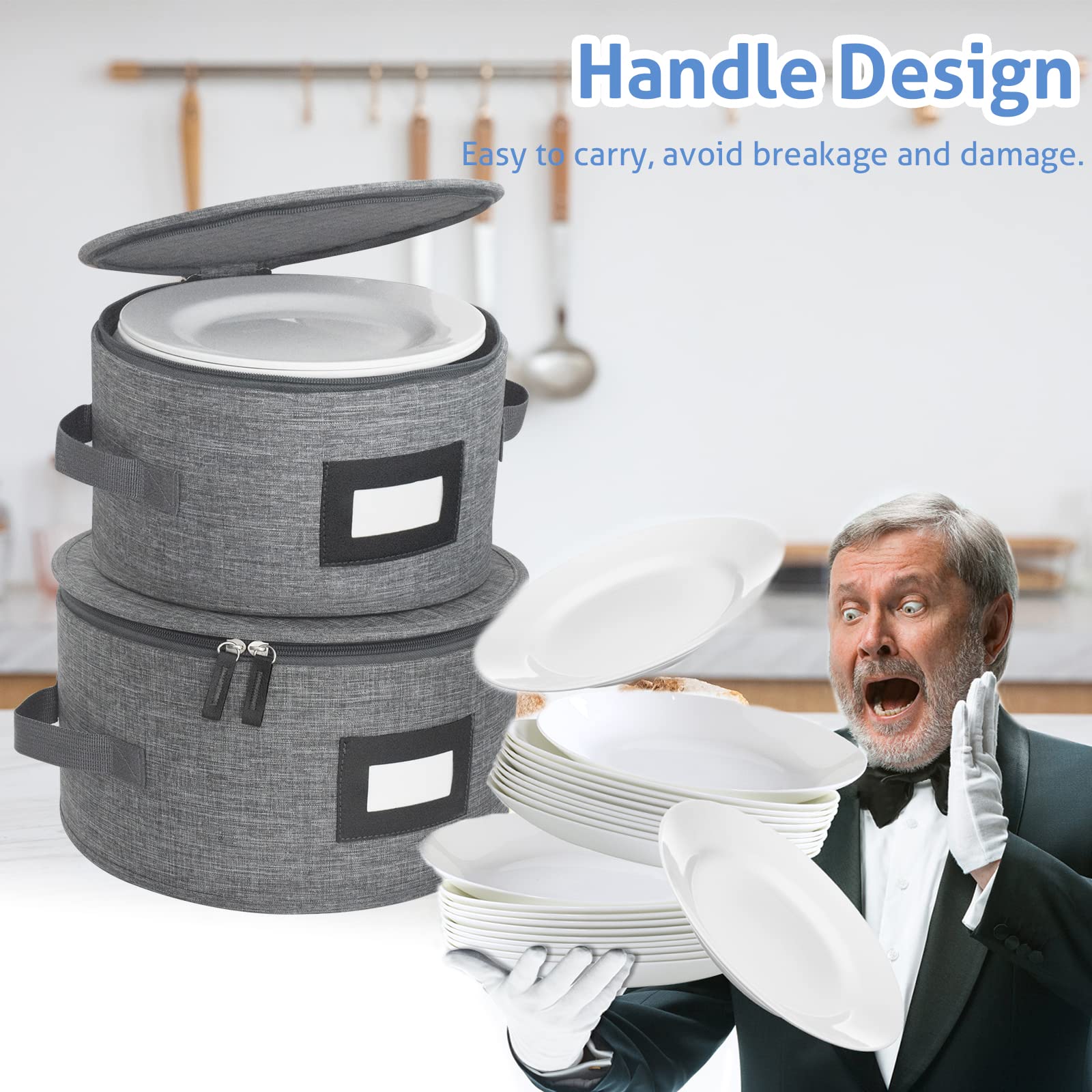 homyfort China Storage Containers Set of 6,Includes Wine Glass & Stemware Cases,Cup Coffee Mug Box,Dish Plate Containers,Hard Shell with Dividers Handles for Dinnerware Moving, 300D Grey with Handles