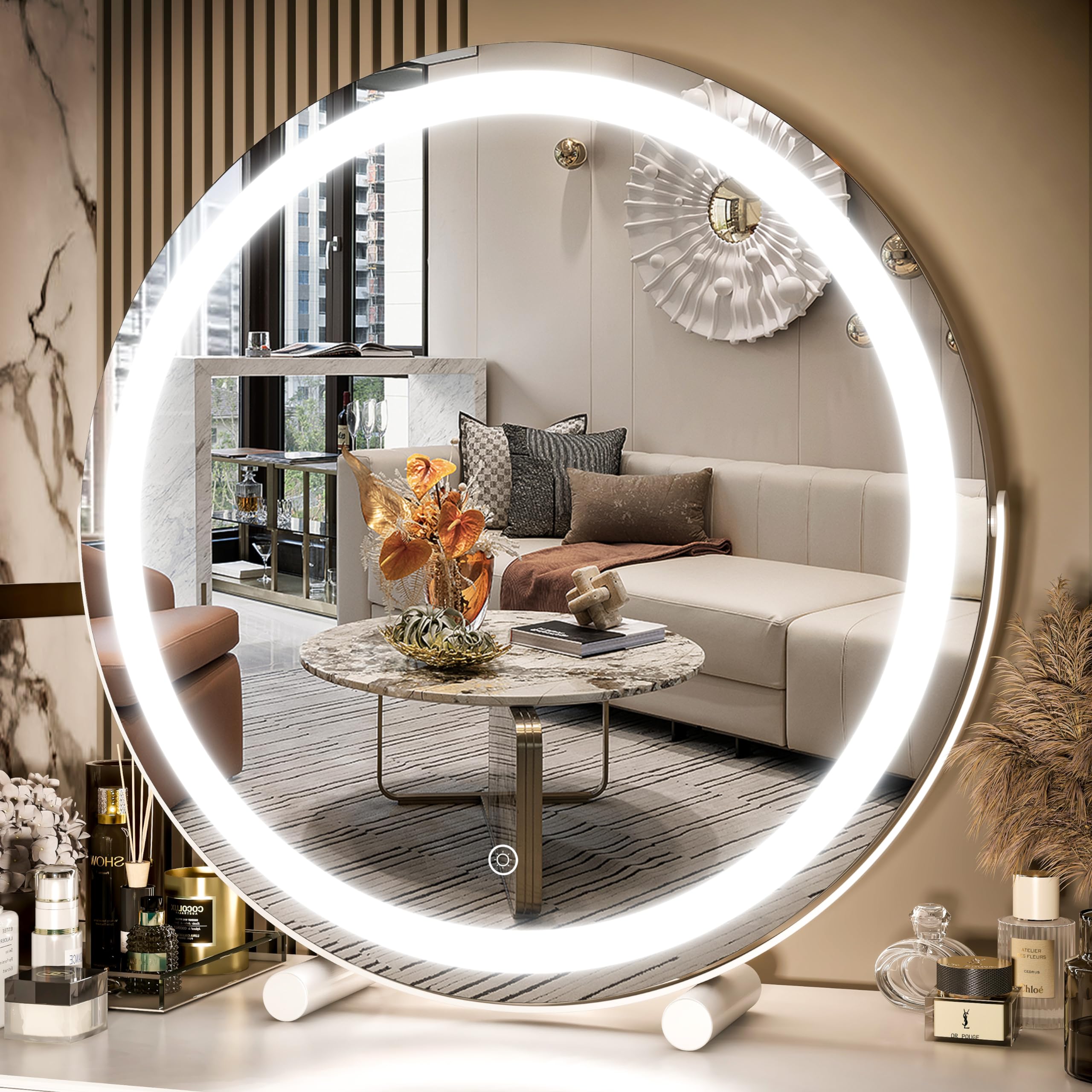 FENNIO 18 inch Large Vanity Mirror with Lights, Round LED Lighted Up Makeup Mirror, Large Makeup Mirror with Lights, Touch Screen with 3-Color Lighting Dimmable for Vanity Desk Tabletop, Bedroom