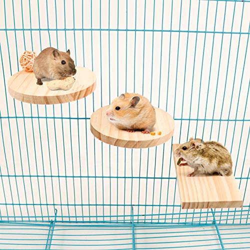 Squirrel Gerbil Chinchilla Dwarf Hamster L-Shaped Pedal Wooden Platform, 3 Pieces of Natural Wooden Parrot Hamster Round Standing Board (Style-2)