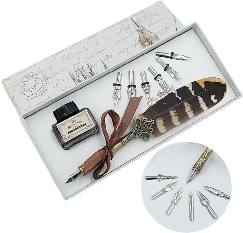 Feather Quill Pen Set Dip pen with ink and 6pcs Stainless Steel Nibs Calligraphy Pen for beginners in Gift Box