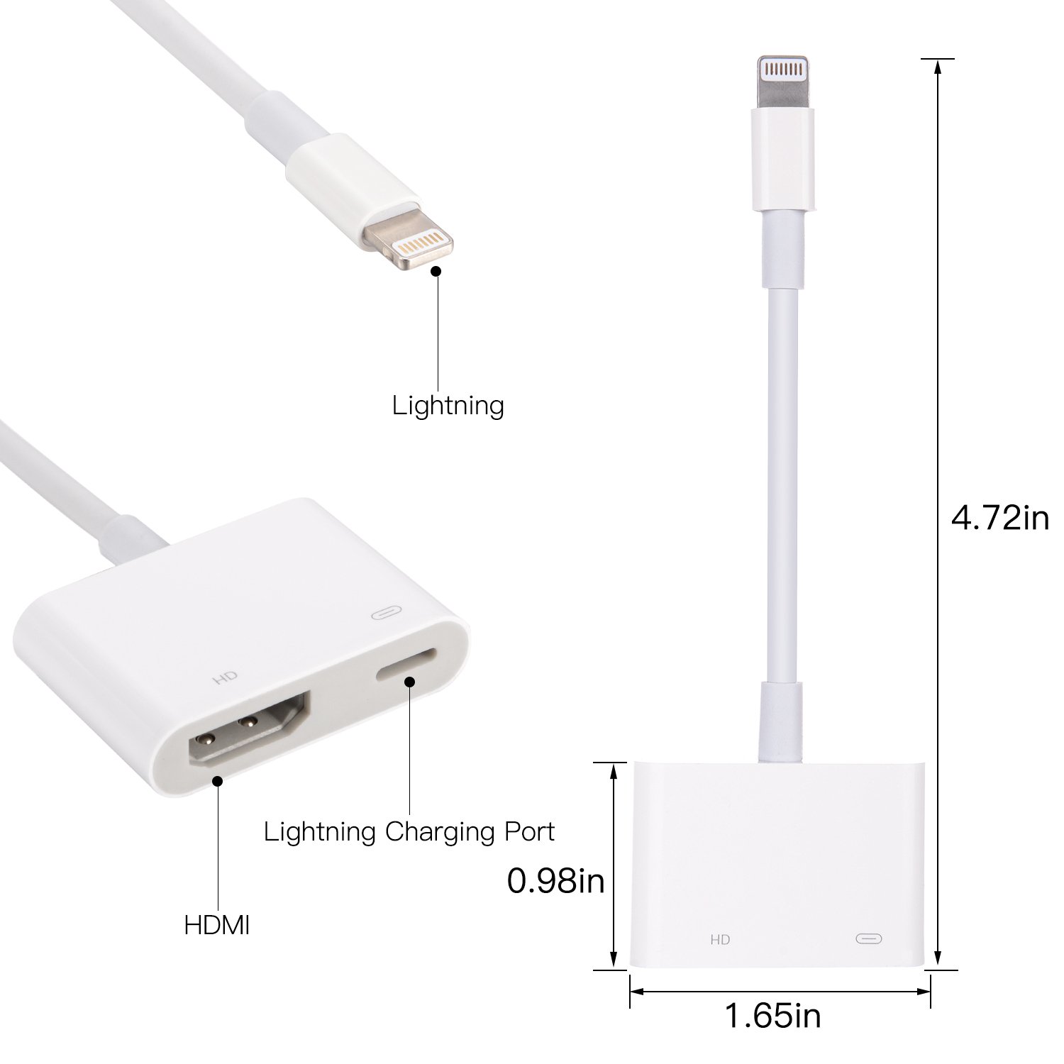Lightning to Digital AV Adapter Lightning to HDMI Adapter 1080P with Lightning Charging Port for Select iPhone, iPad and iPod Models and TV Monitor Projector (White)