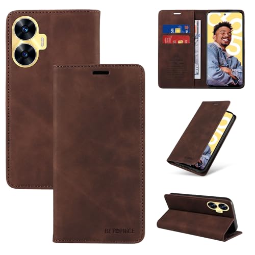 FERFXN Protective Phone Case Wallet Case Compatible with Oppo Realme C55 Case with Card Holder Flip Cover RFID Blocking Protective Leather Case Durable Shockproof Cover (Color : Brown)