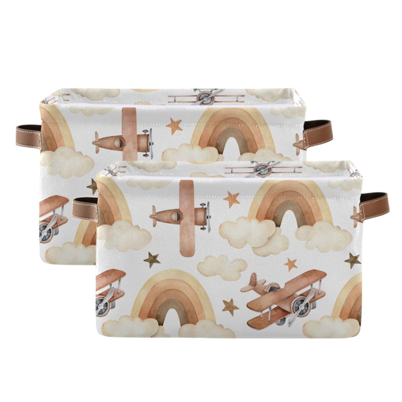 susiyo Large Foldable Storage Bin Airplane Rainbow Fabric Storage Baskets Collapsible Decorative Baskets Organizing Basket Bin with PU Handles for Shelves Home Closet Bedroom Living Room-2Pack