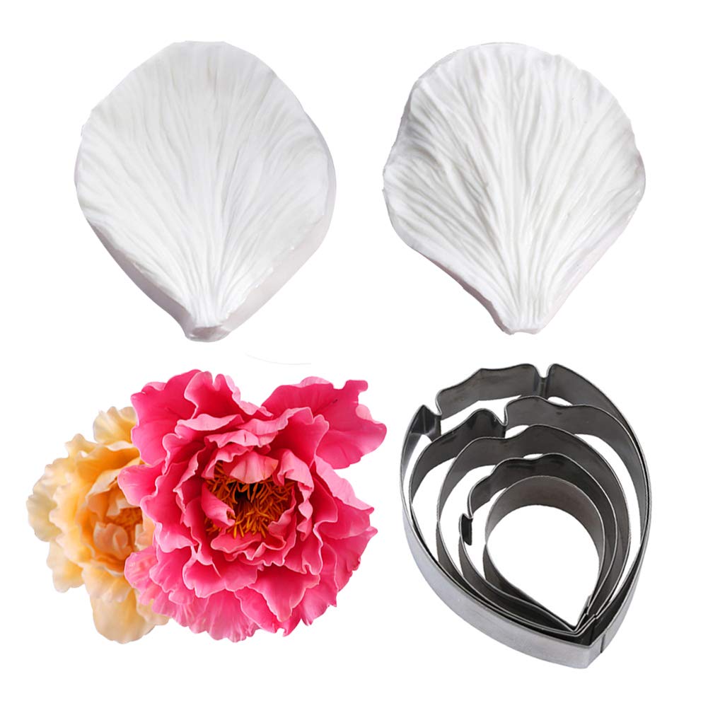 KALAIEN 5pcs Stainless Steel Peony Cutter 2pcs Fondant Silicone Mold Gumpaste Peony Sugarcraft Flower Veining Mold Veiner Petal Making Tool