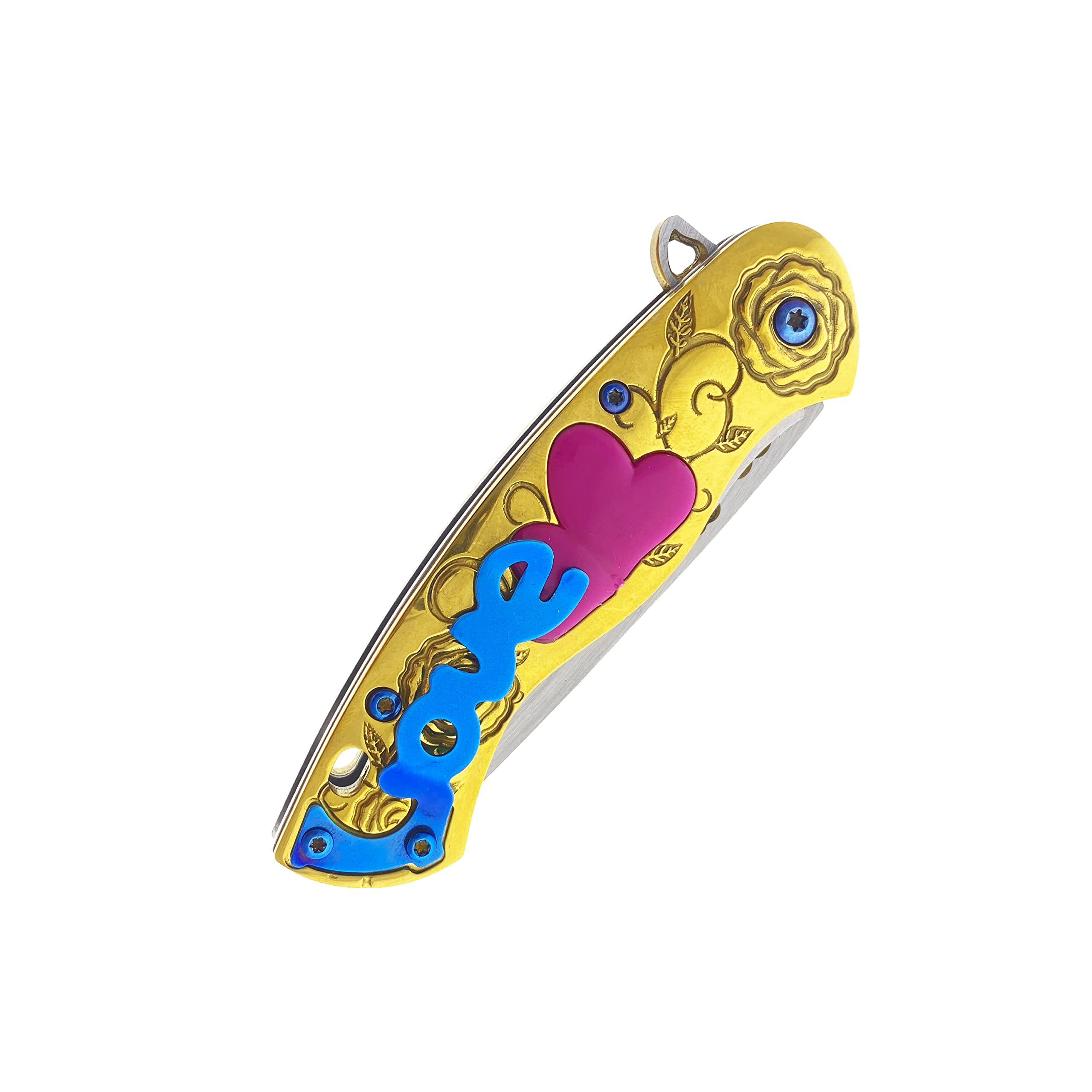 Falcon 7" Heart Rose Engraving Handle Cupid Heart Pocket Knife With LOVE Belt Clip 440 Stainless Steel Drop Point Blade