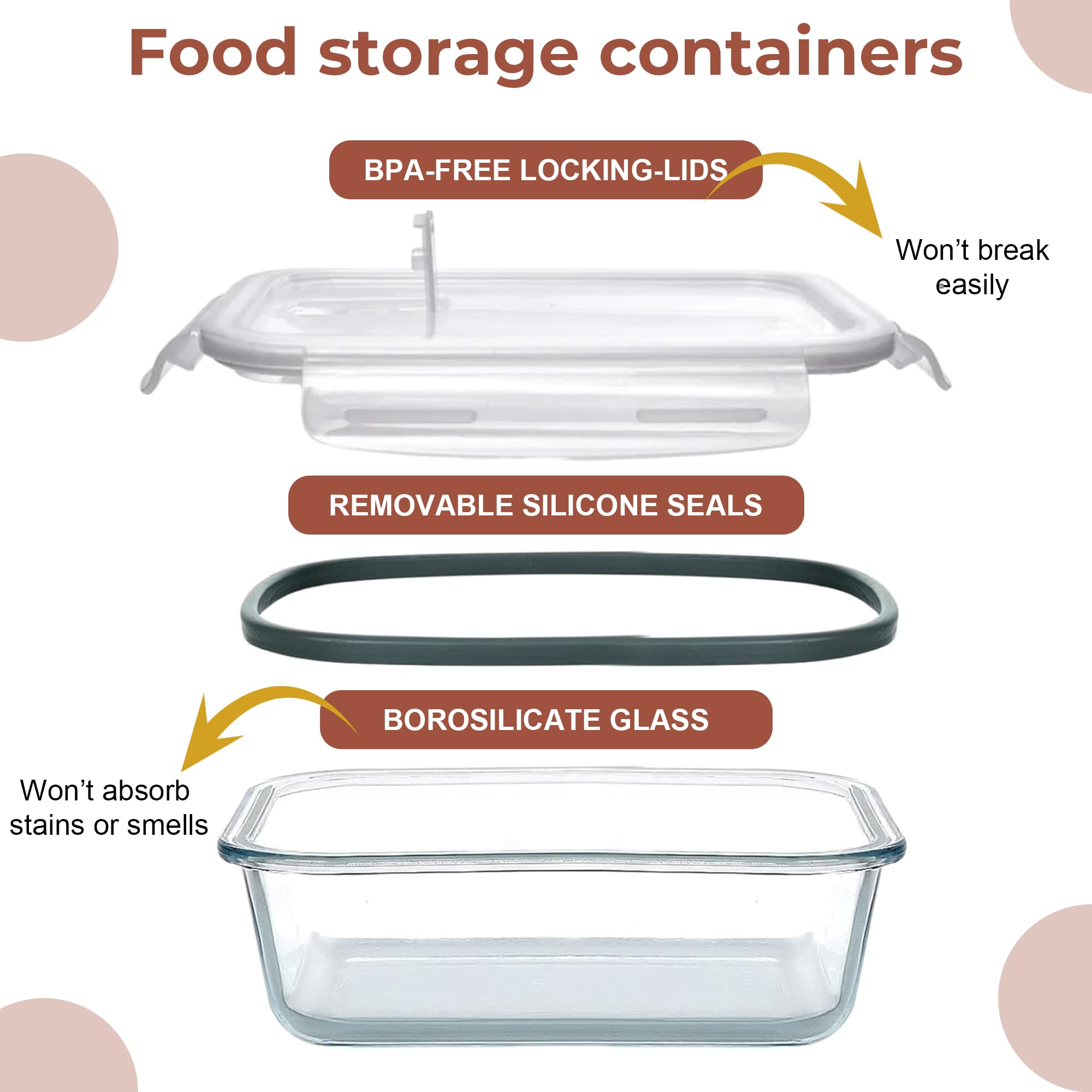 Razab 2700 ml / 92 Oz Large Glass Food Storage Containers with Vented Lids, BPA Free, Snap Locking Airtight & Leakproof Lids - Ideal for Baking, Casserole & Roasting - Freezer, Microwave & Oven Safe