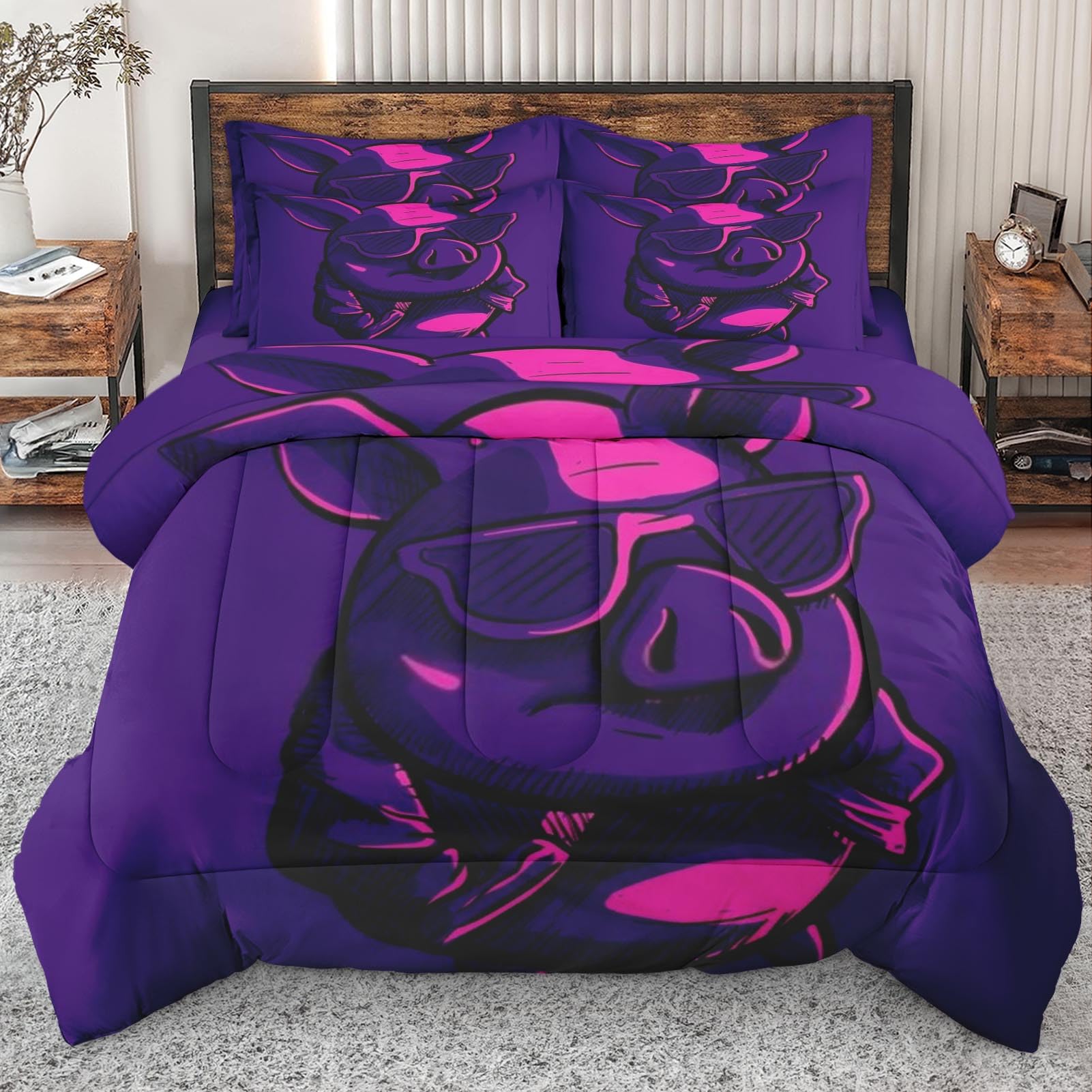 Pinbeam 7 Pcs Comforter Set King Size, Cool Pig Pink Bed in a Bag with Flat Sheet and Fitted Sheet for Kids and Adults, Neon His Animal Bedding Set with Pillowcase & Sham