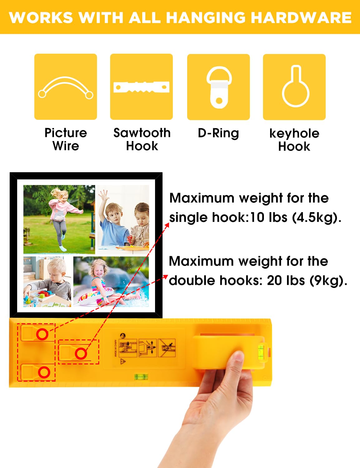 Stalishare Goodsnova Picture Hanging Tool with Level and Position Nail, Instaframe Kit Quick Hang and Level, Easy Picture Hanger Helper for Wall Frame/ Art/ Painting/ Photo/ Poster (Plastic, Yellow)