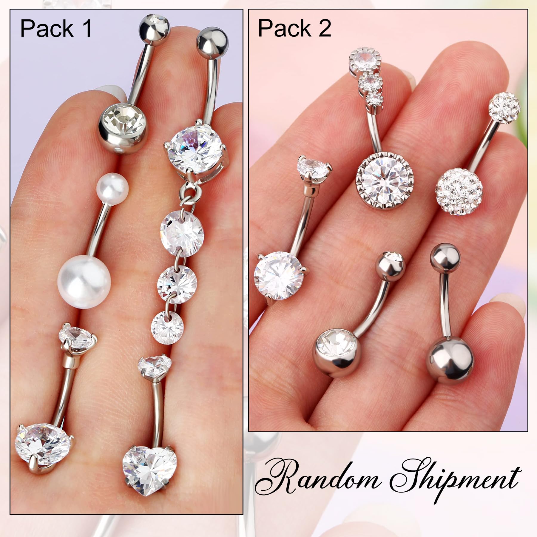 Melighting 5pcs Belly Button Rings 14G Belly Rings Stainless Steel 316L Dangle Belly Piercing Jewelry for Women Pack Clear CZ Belly Piercing Random Shipment