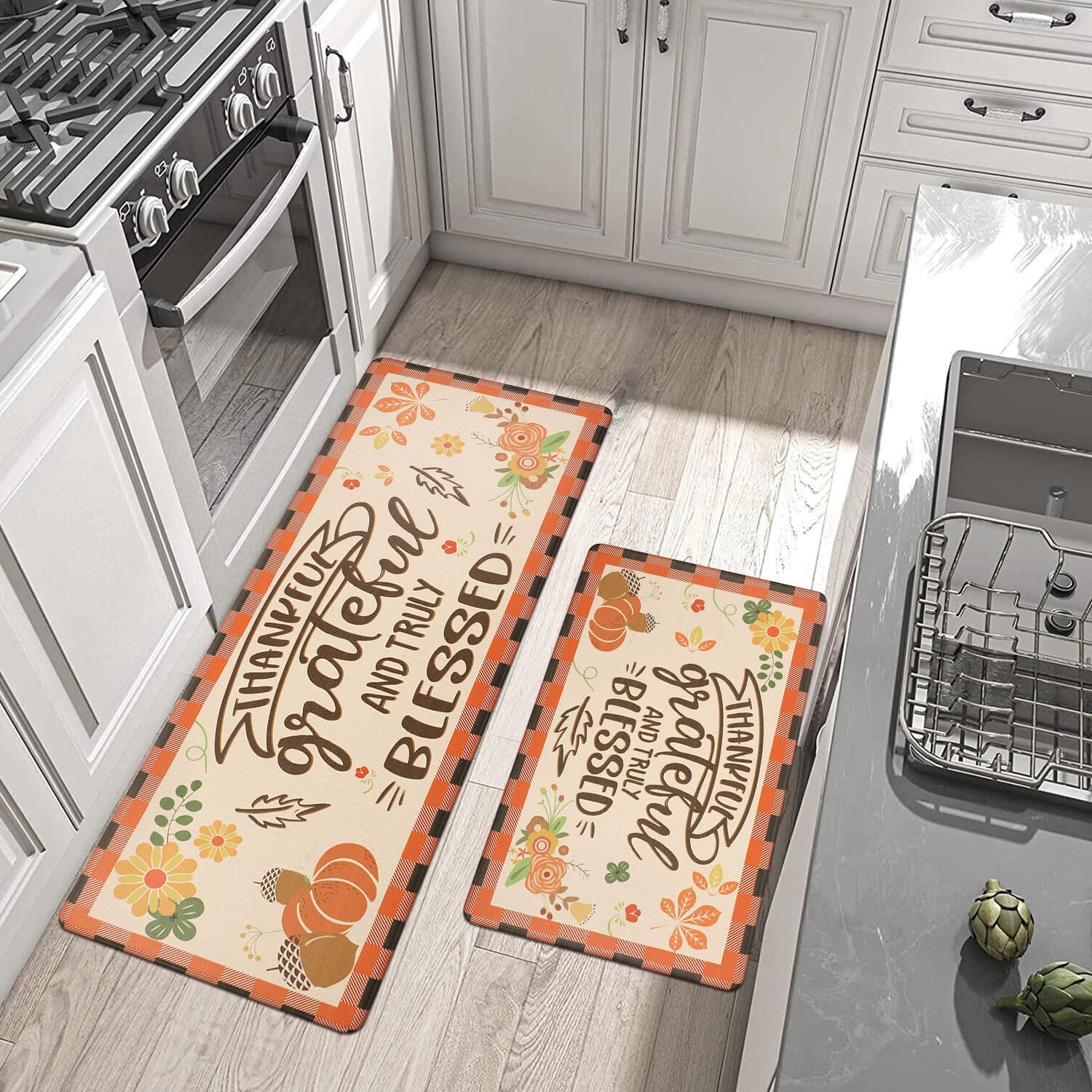 Falflor Thanksgiving Kitchen Rugs 2 PCS Farmhouse Kitchen Mats Set Dwarf Pumpkin Decorative Anti Fatigue Kitchen Floor Mats Non Slip Waterproof Comfort Standing Mats for Sink Office Desk