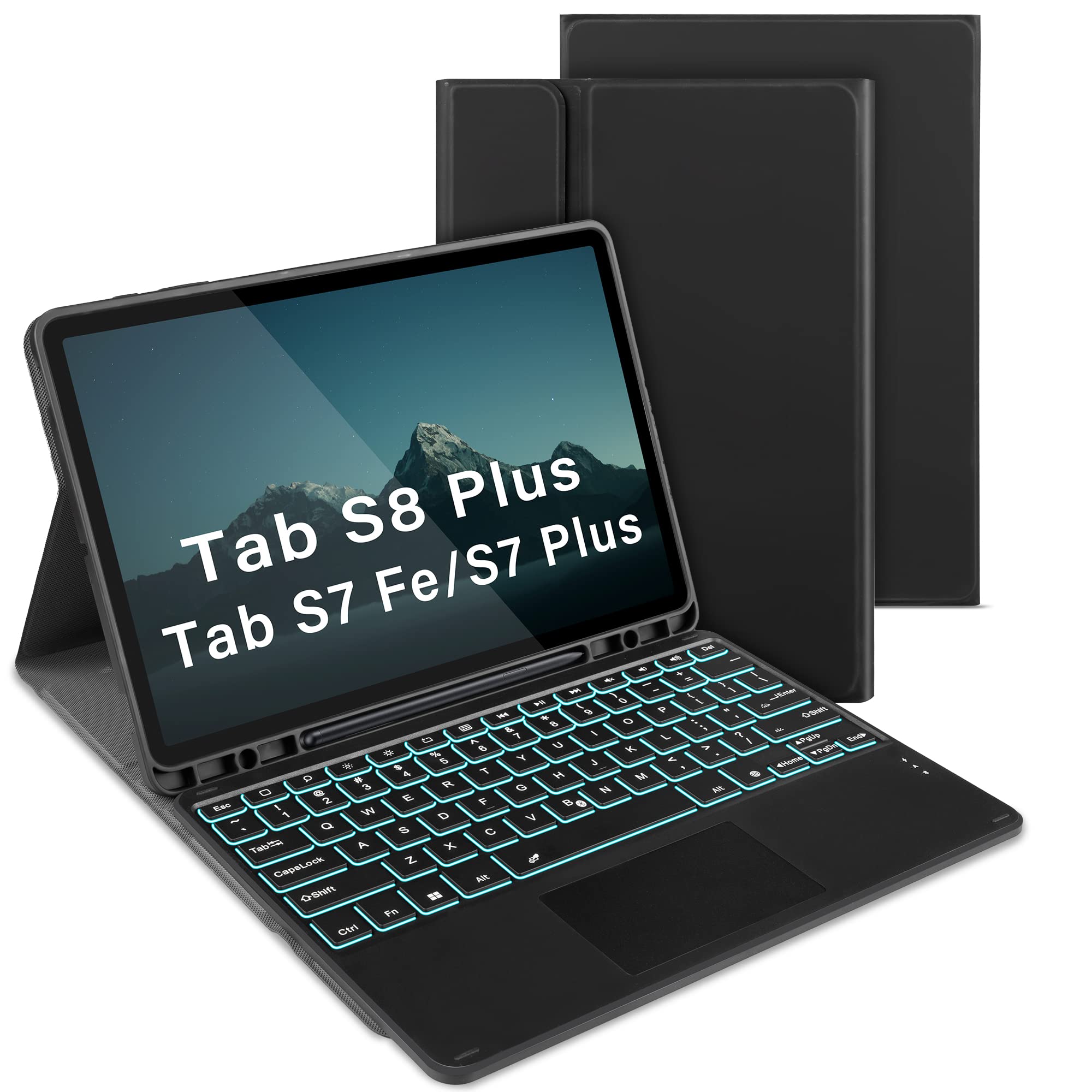 Keyboard Case with Touchpad for Samsung Tab S7 FE/ S7 Plus/ S8 Plus 12.4 Inch, 7 Colors Backlight, Stand Cover with Detachable Bluetooth Keyboard, Trackpad for Galaxy Tab S8+/ S7+ / S7 FE 12.4", Black