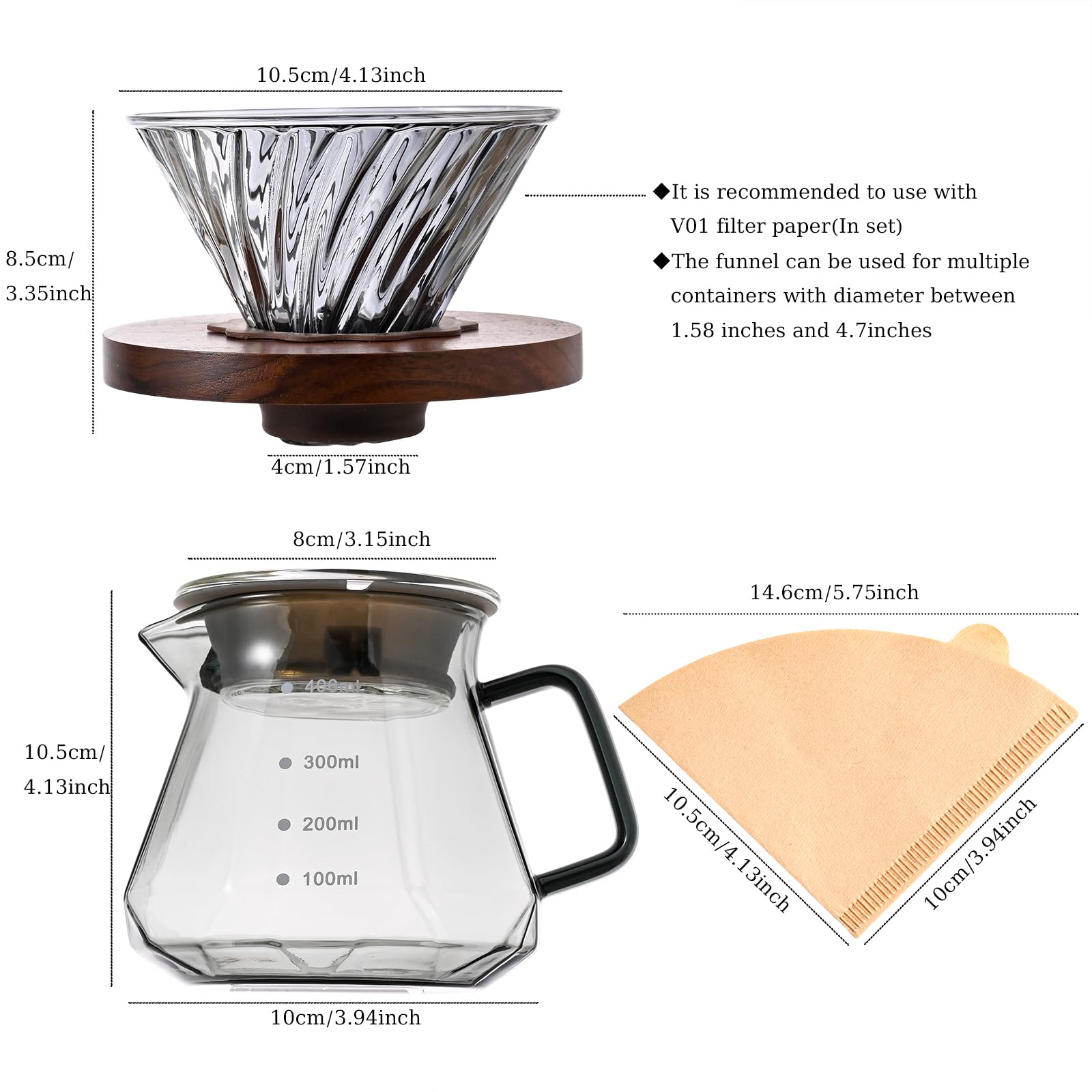 NEWOUGER Pour Over Coffee Maker With Paper Filter 40 Sheets,Gray 13.5 Oz Pour Over Coffee Dripper Set Borosilicate Glass Coffee Carafe,For Home,Camping, Hiking