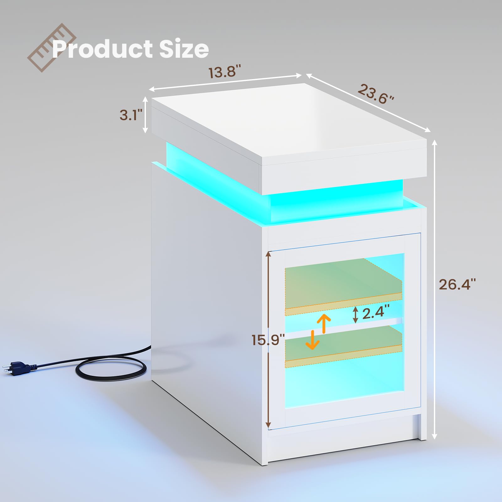 SEDETA End Table with Charging Station, Narrow Side Table with Sliding Top Storage for Small Spaces, Nightstand with Storage Shelves and LED Lights for Bedroom, Bedside Table for Living Room, White