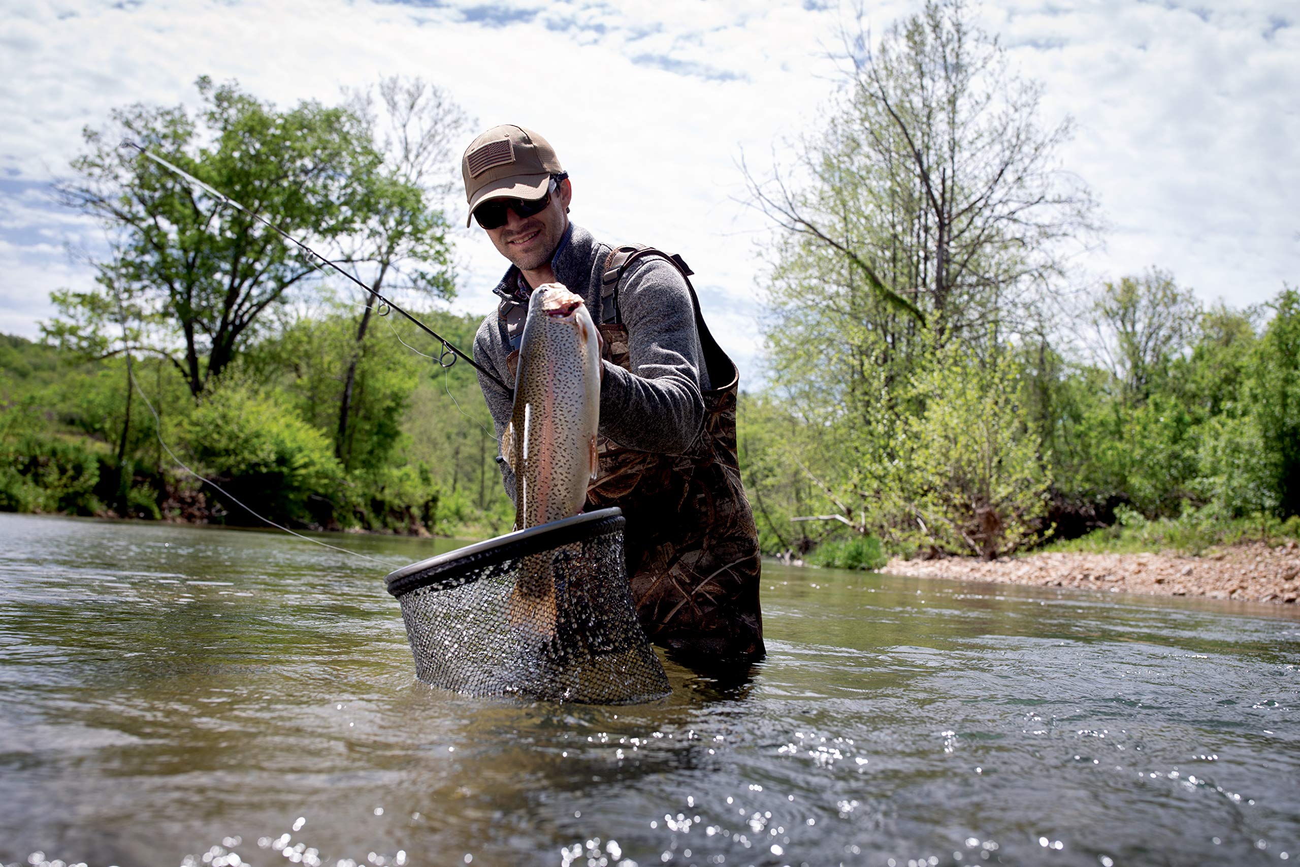 Frabill Floating Trout Net, 13" x 18", Black Finish, Fish Landing Net, Tangle-Free Micromesh Netting is Gentle on Fish, Comfortable Handle with Built-in Lanyard and Carabiner