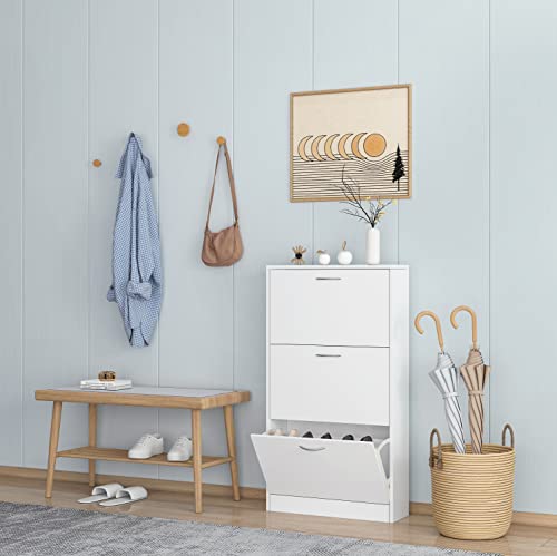 Karl home Narrow Shoe Cabinet for Entryway, Freestanding Shoe Rack with 3 Flip Drawers Doors, Adjustable Tipping Wood Hidden Storage Organizer for Hallway Apartment Foyer, White