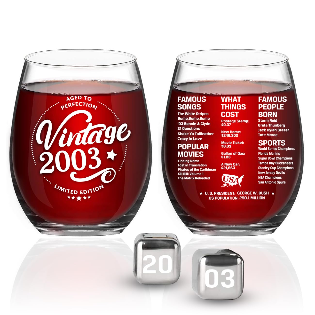 Greatingreat 2003 Old Time Information 21st Wine Glass for Women Men - 2003 Vintage 15 oz Stemless Wine Glass - 21 Year Old Birthday Party Decorations