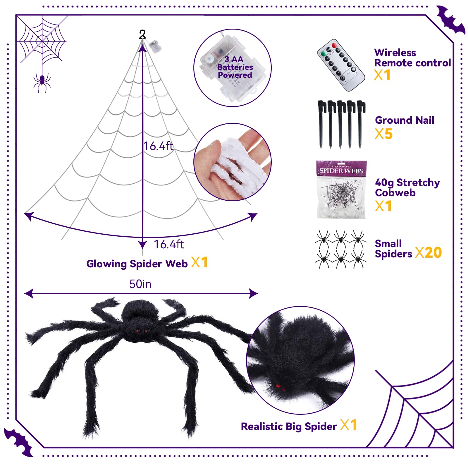 Halloween Decorations Spider Webs with 135 Purple Lights, 200" Triangular Huge Web, One Huge Spider, 20pcs Small Spiders and Extra Fiber for Outdoor Yard Decors