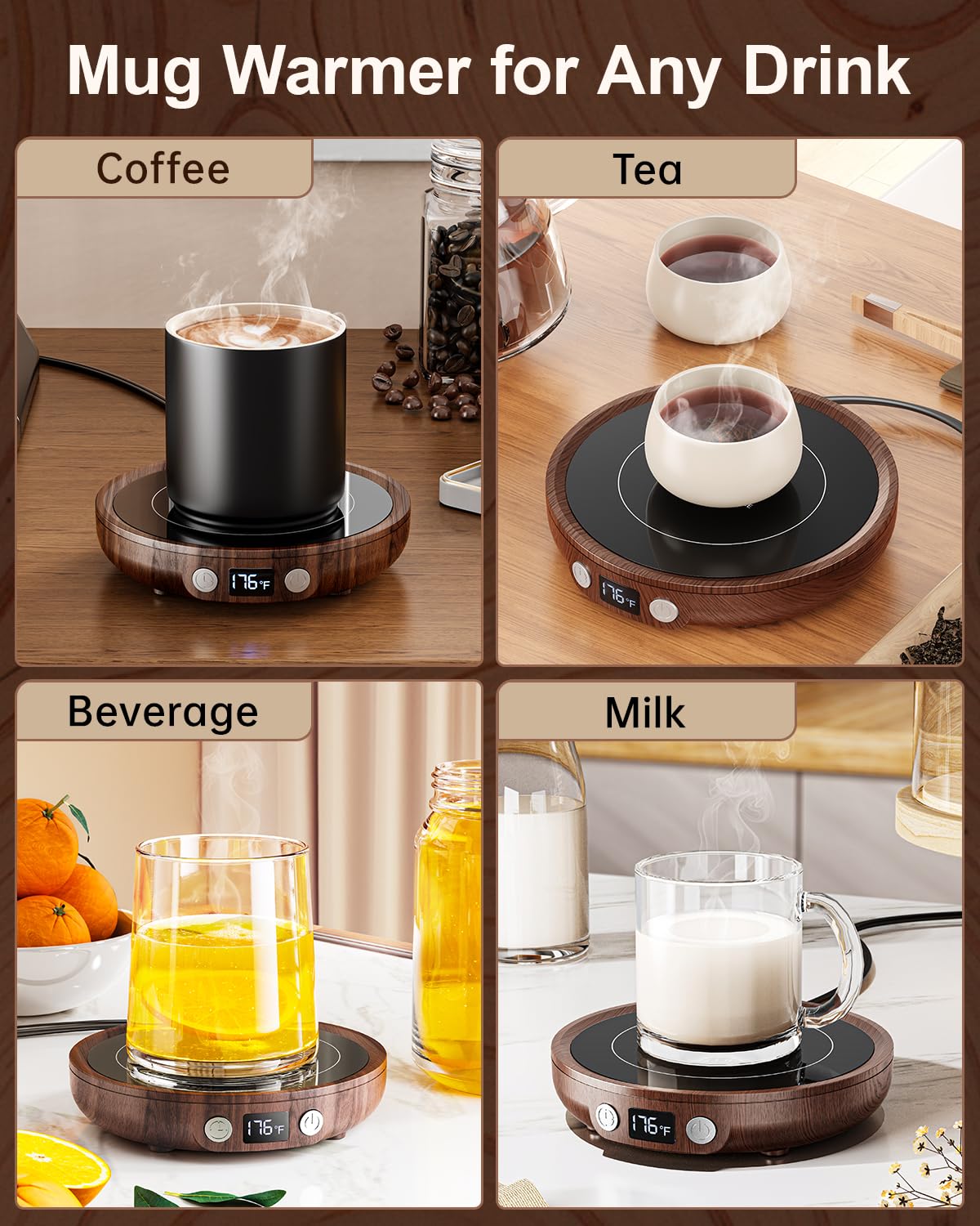SWEETFULL Mug Warmer, 36W Coffee Cup Warmer for Desk with 3-Temp Settings Display, 2-12H Timer, Candle Warmer Plate, Coffee Accessories for Women Men Mom Dad - Wood