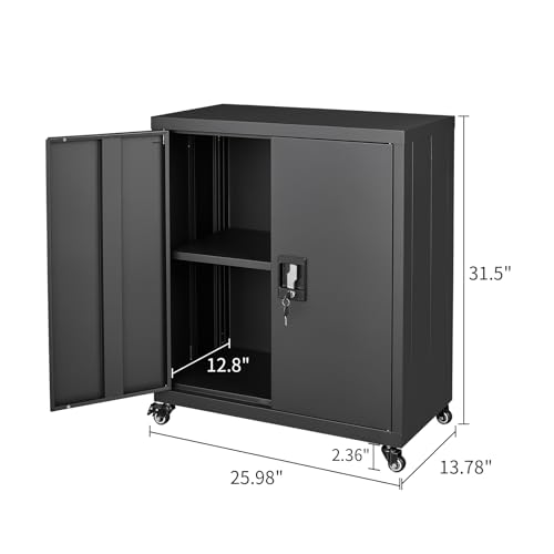 GREATMEET Metal Storage Cabinet with Locking Doors and Adjustable Shelves,31.5" H Steel Storage Cabinet with Wheels for Office,Home,Garage,Classroom Black