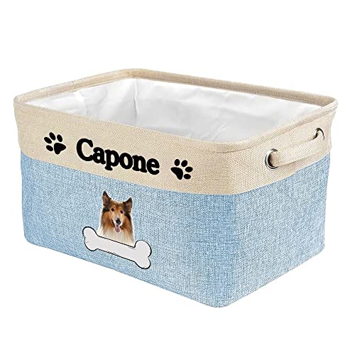 Personalized Dog Rough Collie Bone Decorative Storage Basket Fabric Durable Rectangle Toy Box with 2 Handles for Organizing Closet Garage Clothes Blankets Blue and White