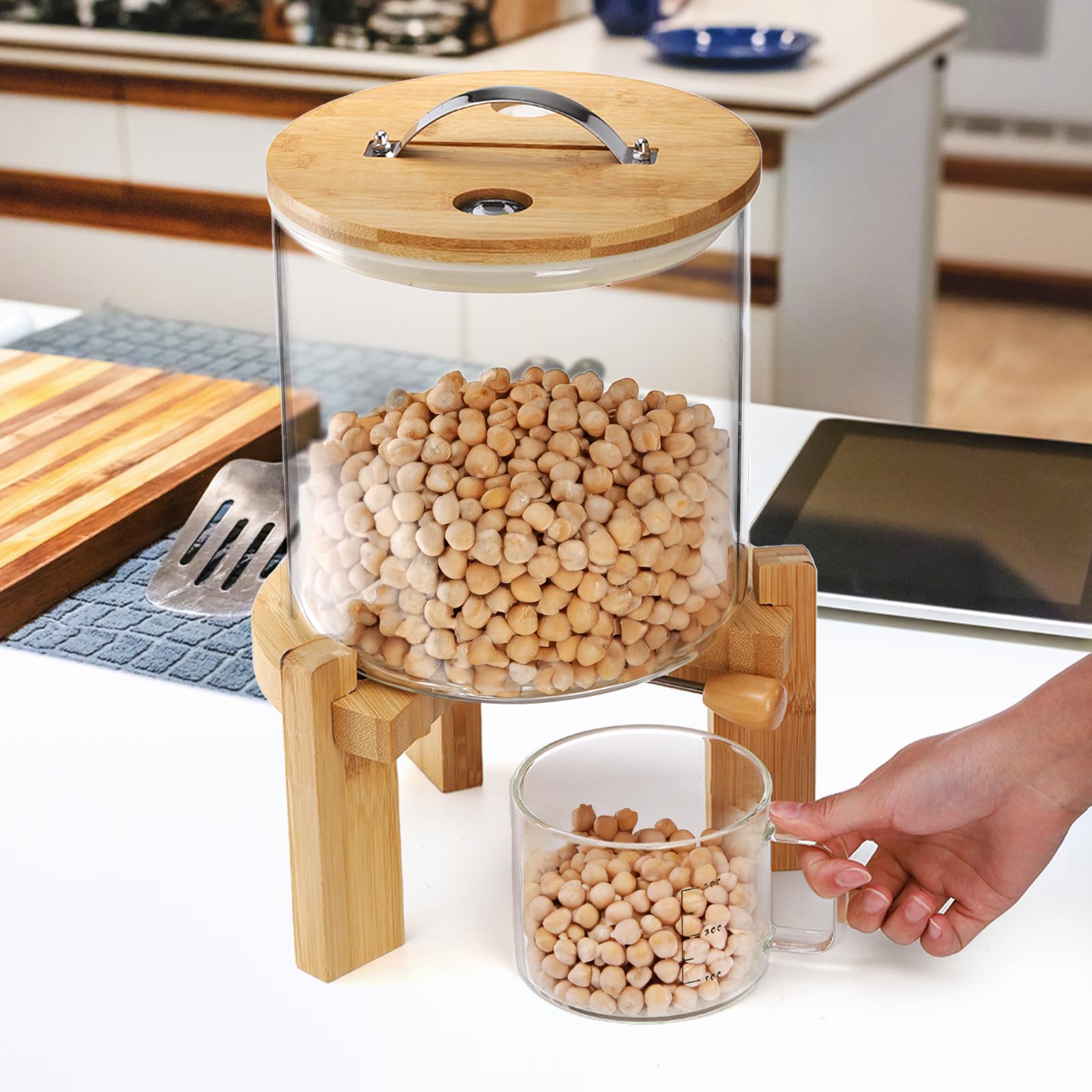 Tlence 5L Glass Rice Dispenser, Cereal Container with Bamboo Stand, Large Airtight Food Storage Bin, Rice Organization Tank with Measuring Cup for Grain Coffee Beans Dry Food
