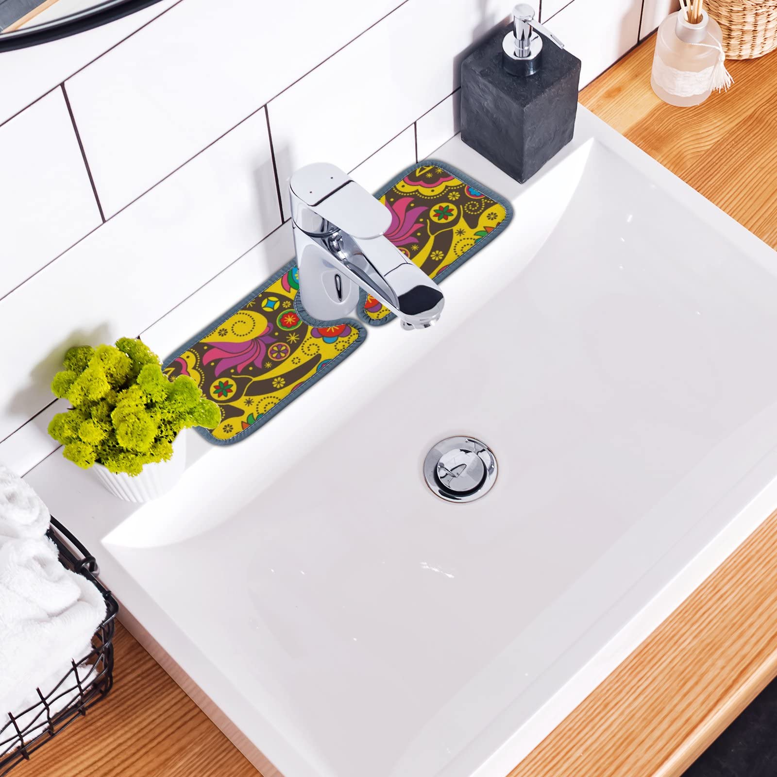 Kitchen Faucet Mats 4 Pieces Colorful Yellow Elephants Absorbent Faucet Sink Splash Guard Bathroom Counter and RV,Faucet Counter Sink Water Stains Preventer