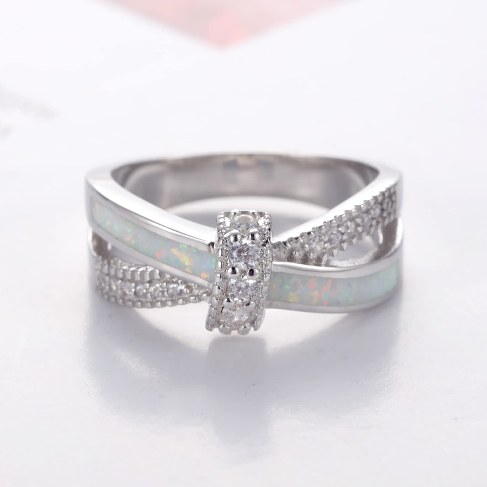 FEELDAN White Gold Plated Sterling Silver Fire Opal Bezel Setting Birthstone Rings
