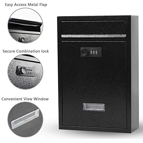 KYODOLED Locking Wall Mount Mailbox,Mail Boxes Outdoor with Combination Lock,Security Key Drop Box,12.4Hx 8.54Lx 3.35W Inches,Black Large