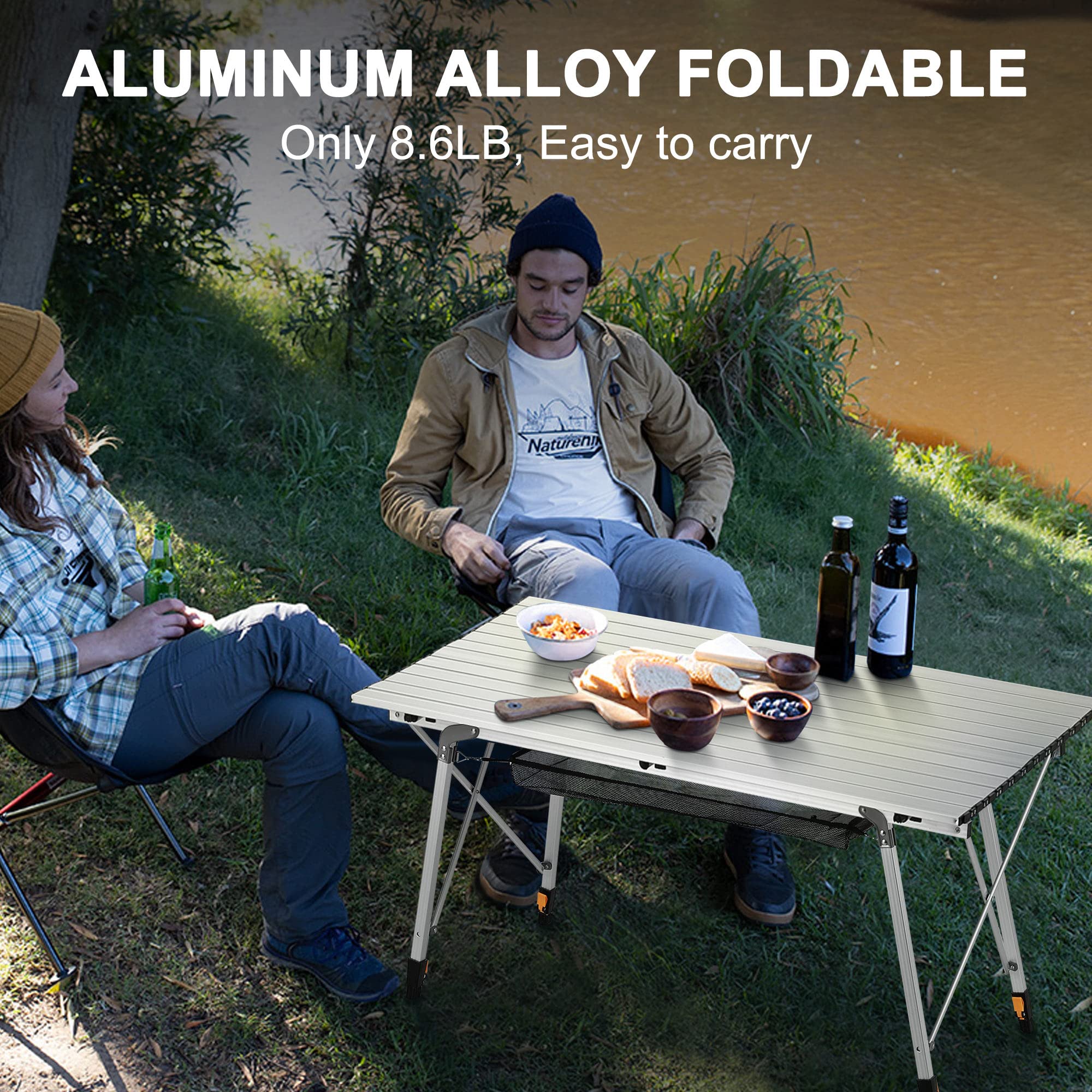 FiveJoy Folding Camping Table Outdoor Portable Picnic Camp Table with Aluminum Legs Adjustable Height Roll Up Table with Mesh Layer for Picnic Beach Grill Backyard Kitchen