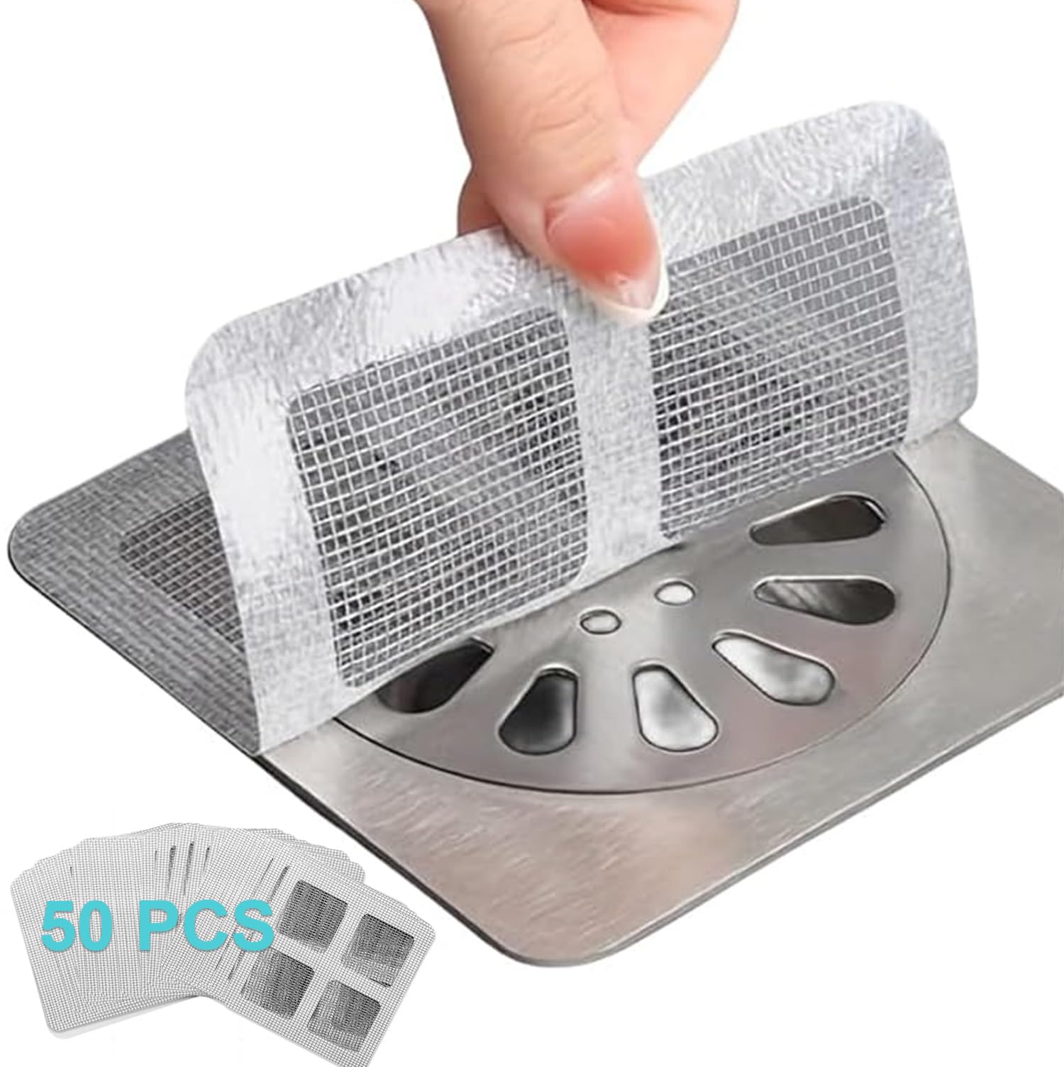 Shower Drain Hair Catcher Disposable 50 Pack,4" X 4" Shower Drain Cover Mesh Stickers Easy to Install and Clean Suit for Bathtub, Bathroom, Kitchen and Laundry