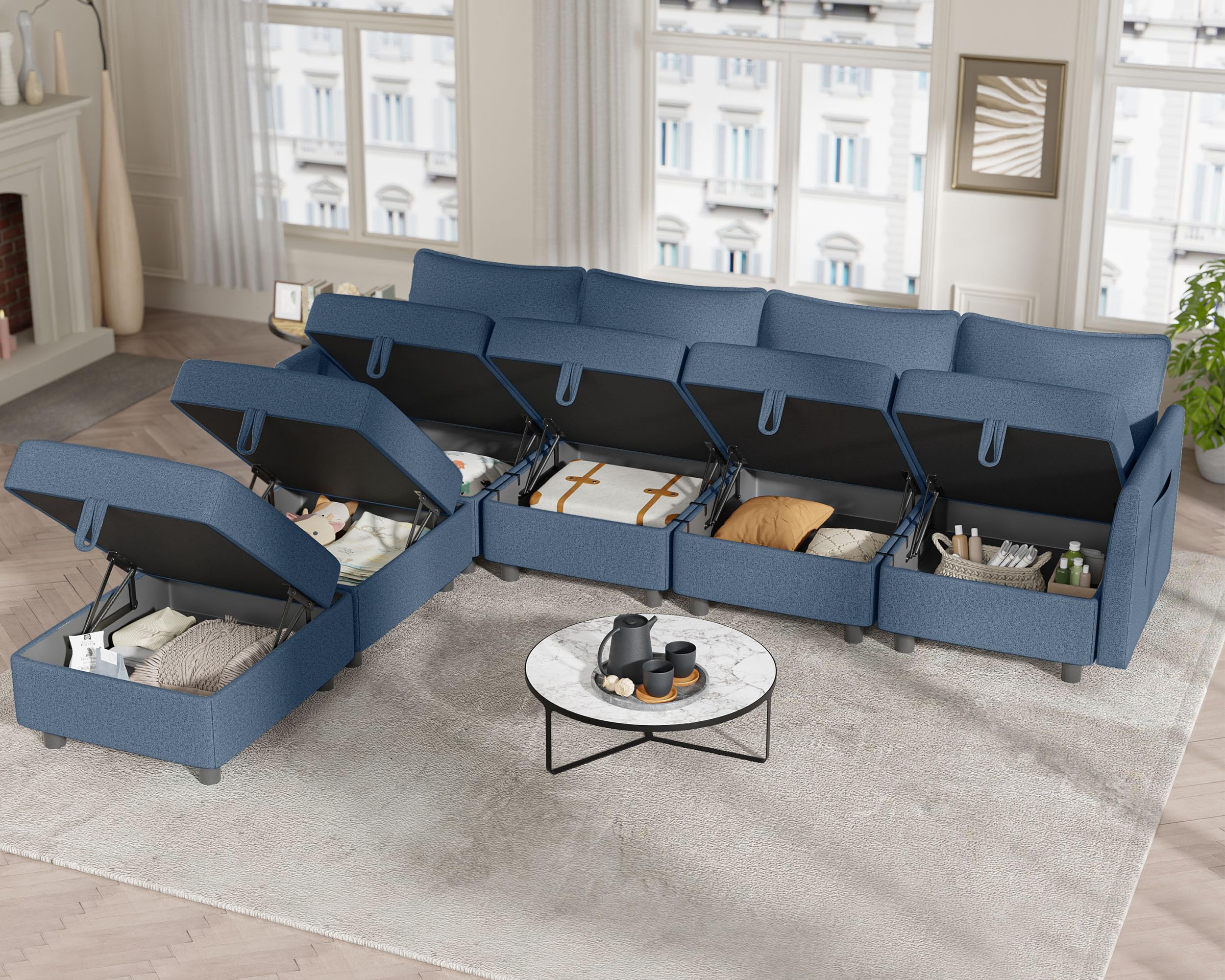 SEJOV Modular Sectional Sofa, U Shaped Couch with Storage, 6 Seat Convertible Sectional Couch with Deep Seat 30" D Ottoman, Modular Sectionals Sofa Couches for Living Room, (Navy Blue)