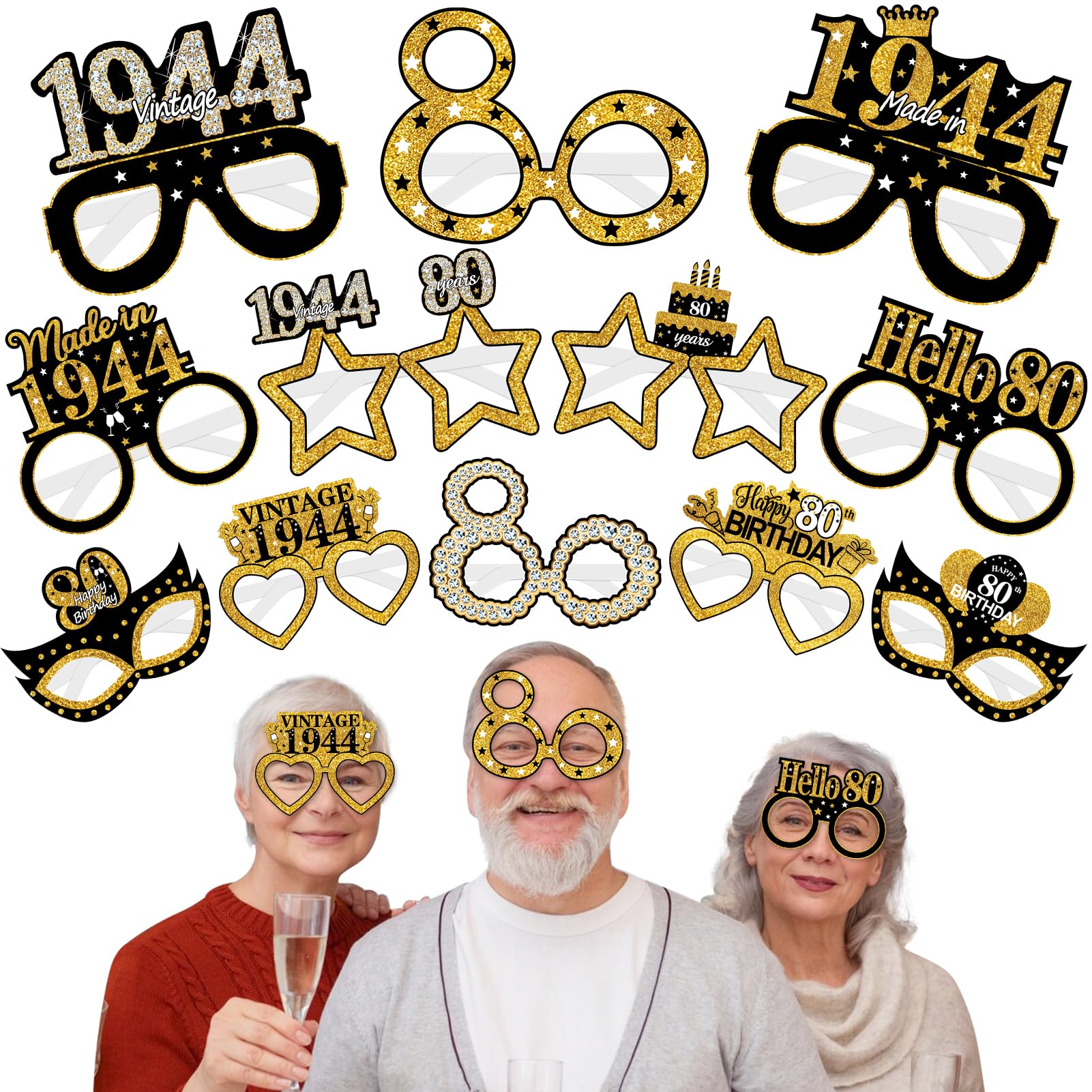 Turypaty 24Pcs 1944 80th Birthday Paper Glasses Decorations for Men Women - Black Gold Happy 80th Birthday Paper Eyeglasses Photo Props, Vintage 1944 Eighty Years Old Birthday Party Supplies