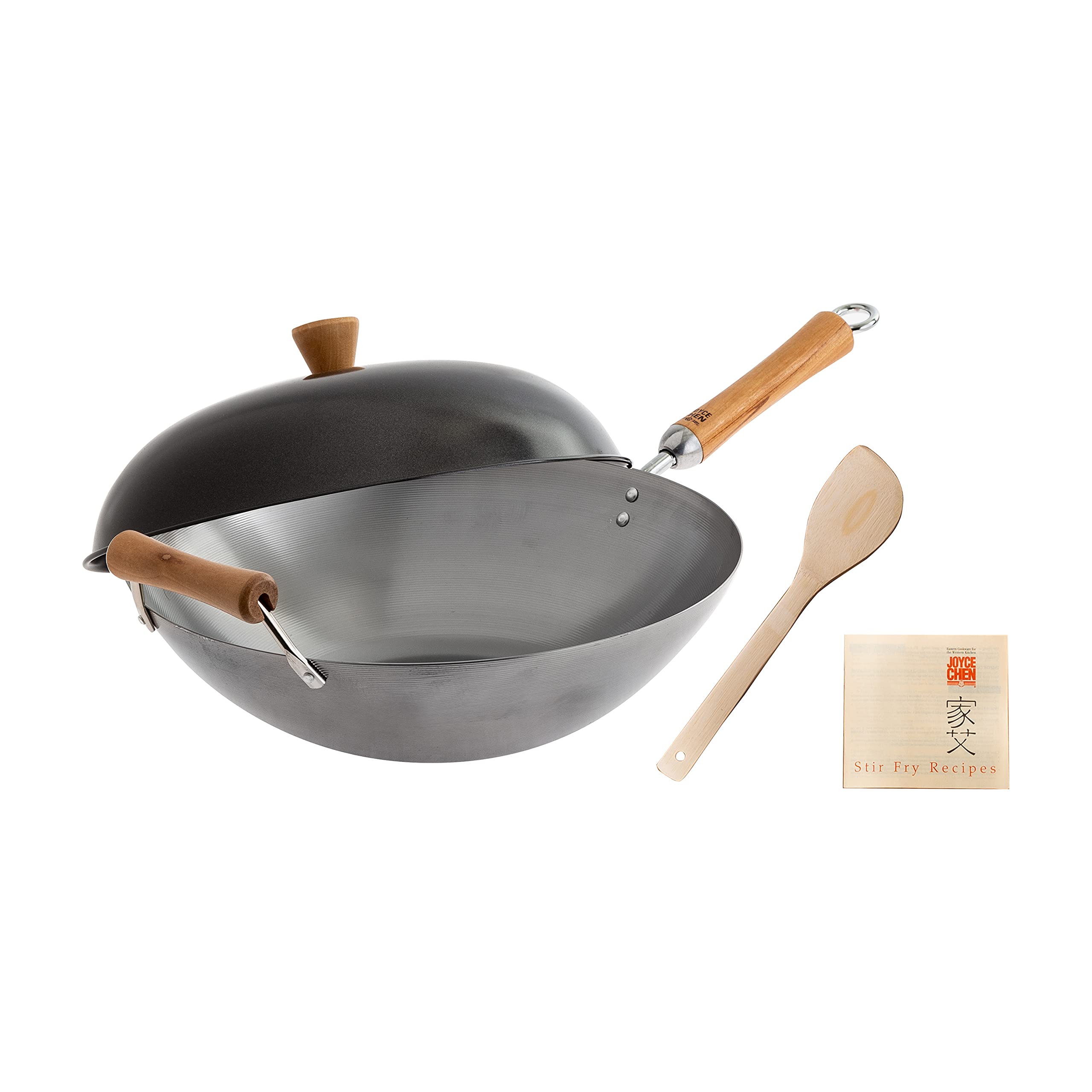 JOYCE CHEN Classic Series 14-Inch Uncoated Carbon Steel Wok Set with Lid and Birch Handles, 4 Pieces