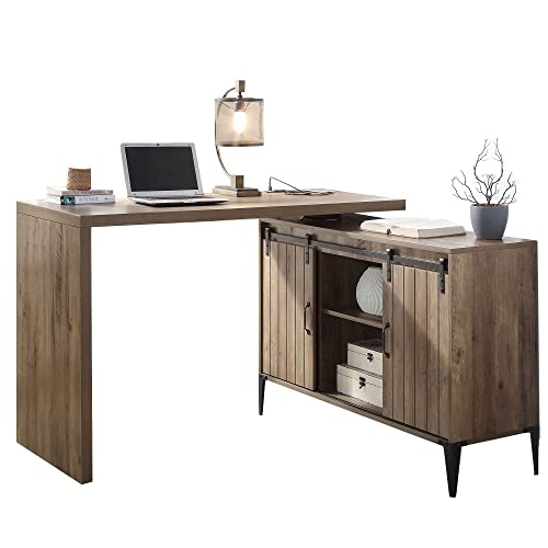 L Shaped Desk w/USB 360° Rotating Rustic Home Office Computer Desk Large Writing Gaming Table Workstation with Storage File Cabinet, Oak Finish, 55" L x 52" W x 36" H