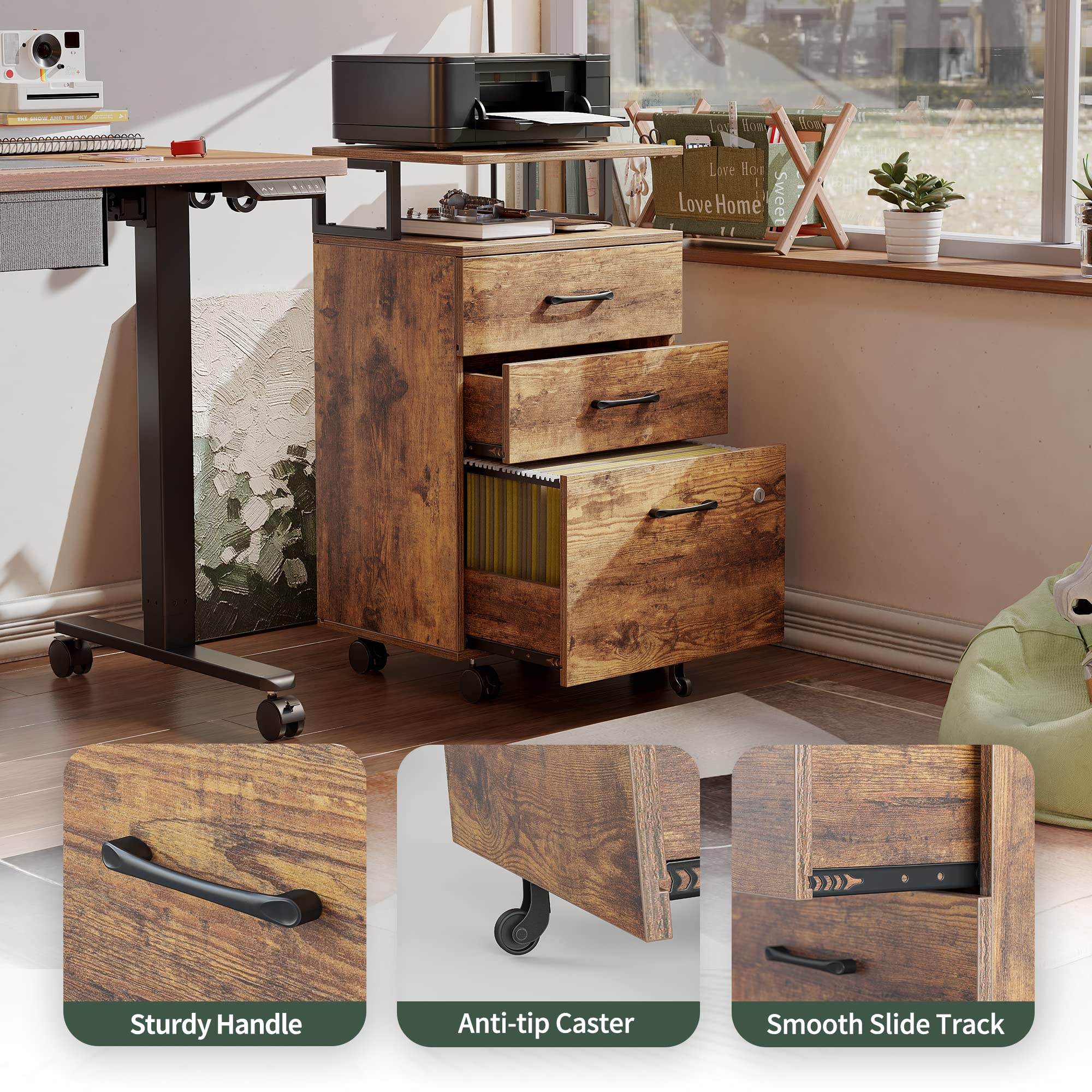 FEZIBO File Storage Rolling Cabinet with Lock for Home Office, 3-Drawer, A4/Letter/Legal Size, Printer Stand, Wooden, Rustic Brown