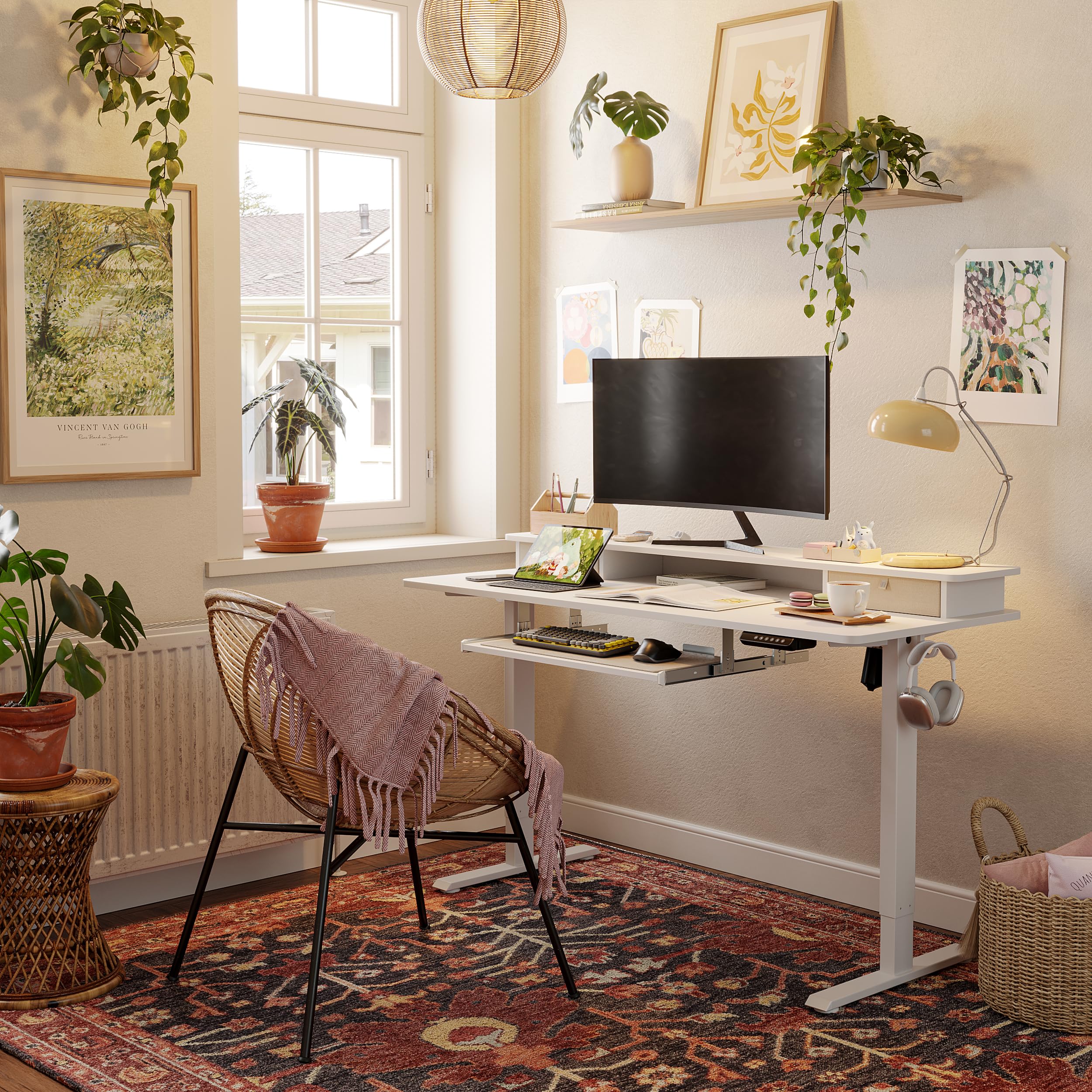 FEZIBO Height Adjustable Electric Standing Desk with Keyboard Tray, 48 x 24 Inch Stand Up Table with Storage Shelf, Sit Stand Desk, White Top