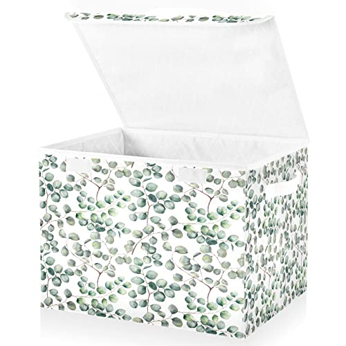 Quteprint Storage Bins with Lid, Eucalyptus Green Leaves Plant Storage Box Organizer Toys Bedroom Nursery, 16.5"x12.6"x11.8" Large Collapsible Storage Cube for Home Office Closet Shelf