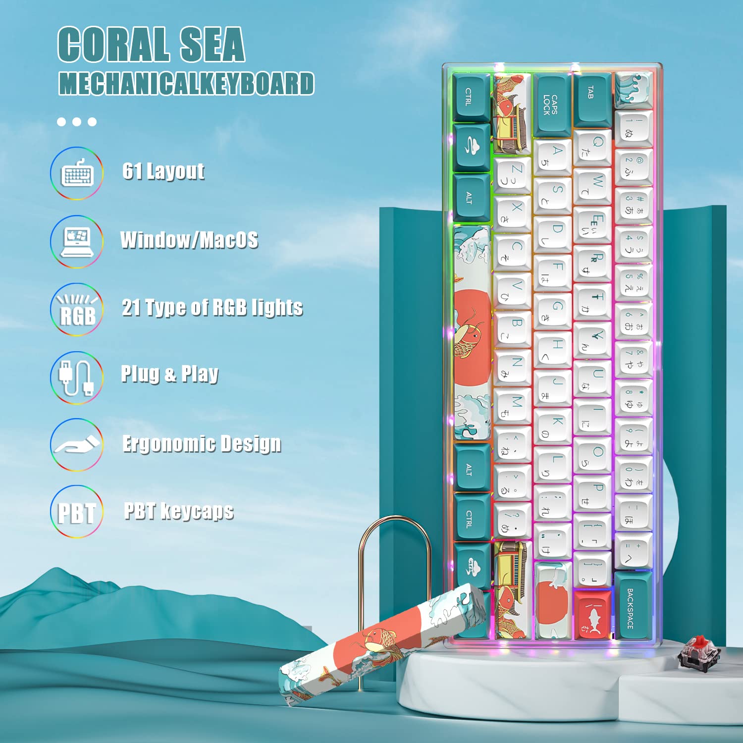 MIHIYIRY 61 Keys Mechanical Gaming Keyboard,Japanese Root Words 60% Compact Hot-Swappable RGB Backlit Keyboard for Win/Mac Gamers (Coral Sea Theme)