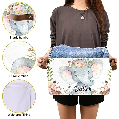 Girl Floral Elephant Personalized Storage Bins Baby Shelf Basket Custom Organizer with Handle for Bedroom Nursery Toy 1 Pack