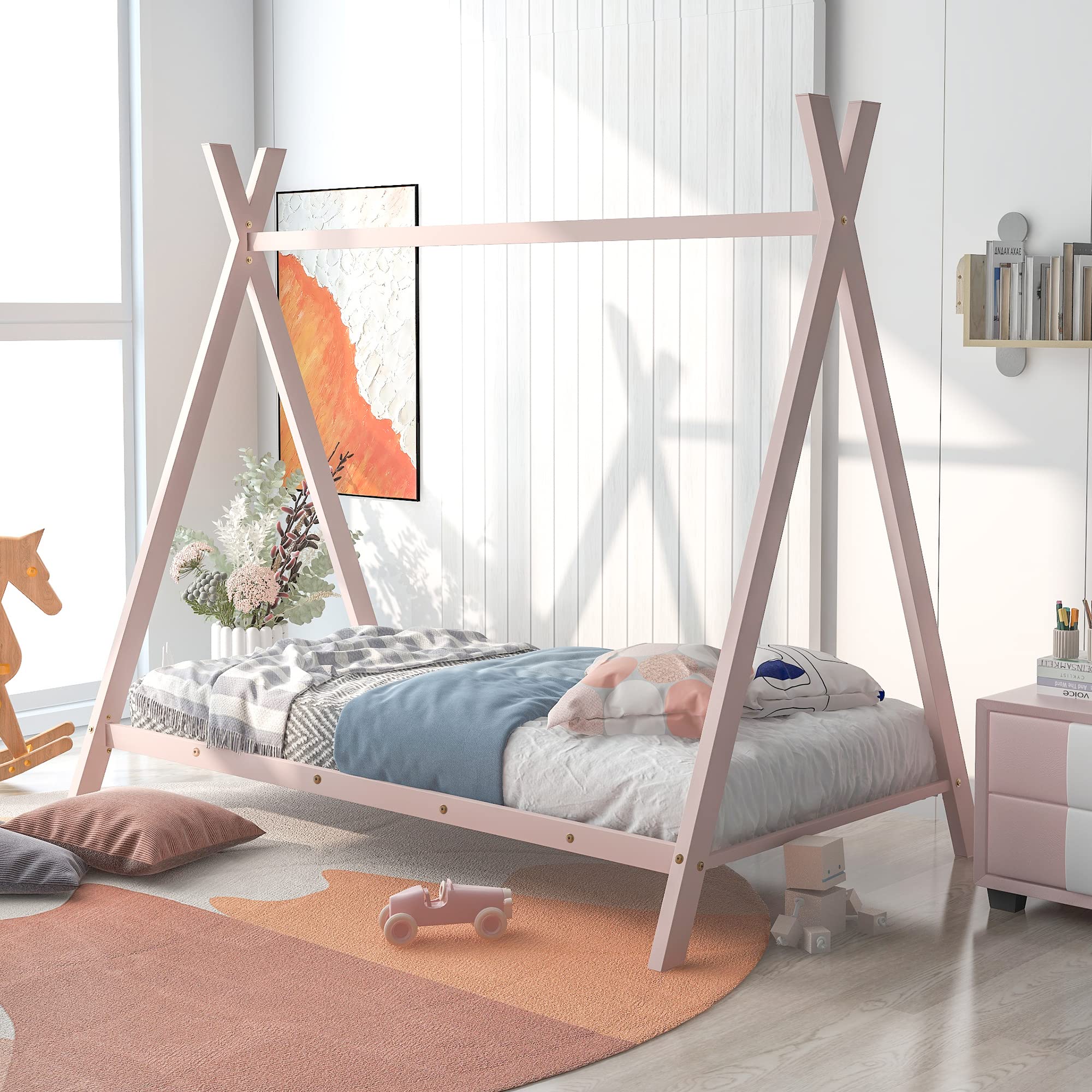 Twin House Bed for Kids, Metal Montessori Bed Tent Bed Frame Floor Play House Bed with Slat for Girls Boys, No Box Spring Needed - Pink