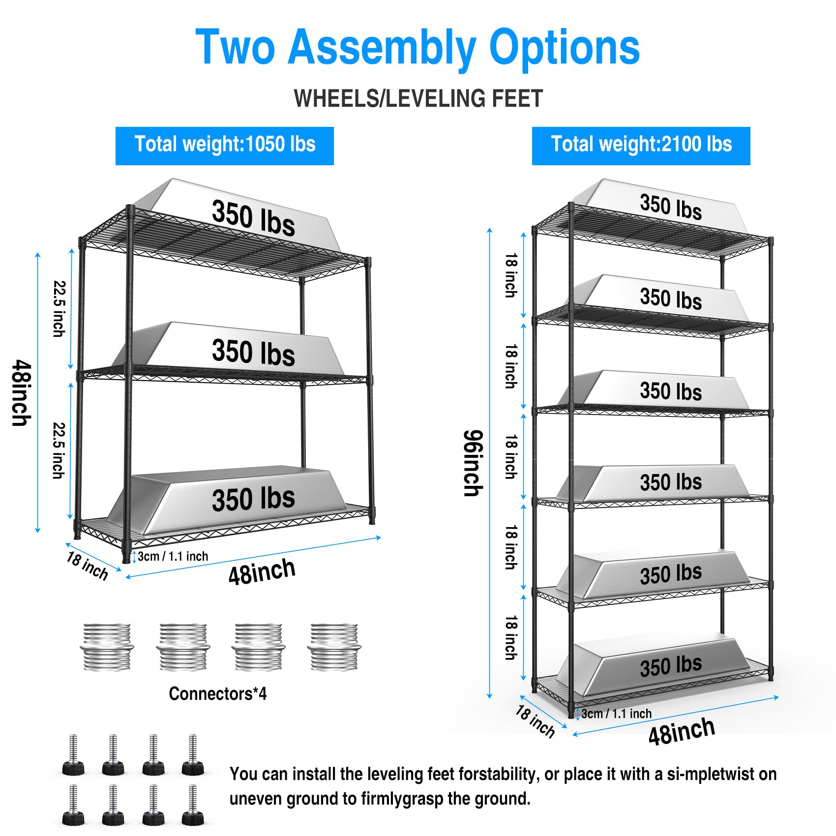 Silver 3 Tier NSF Metal Wire Shelving Units with Shelf Liners, 1050lbs Storage Rack with Adjustable Feet for Kitchen, Utility Room, Warehouse, 48" H x 48" L x 18" W Set of 2