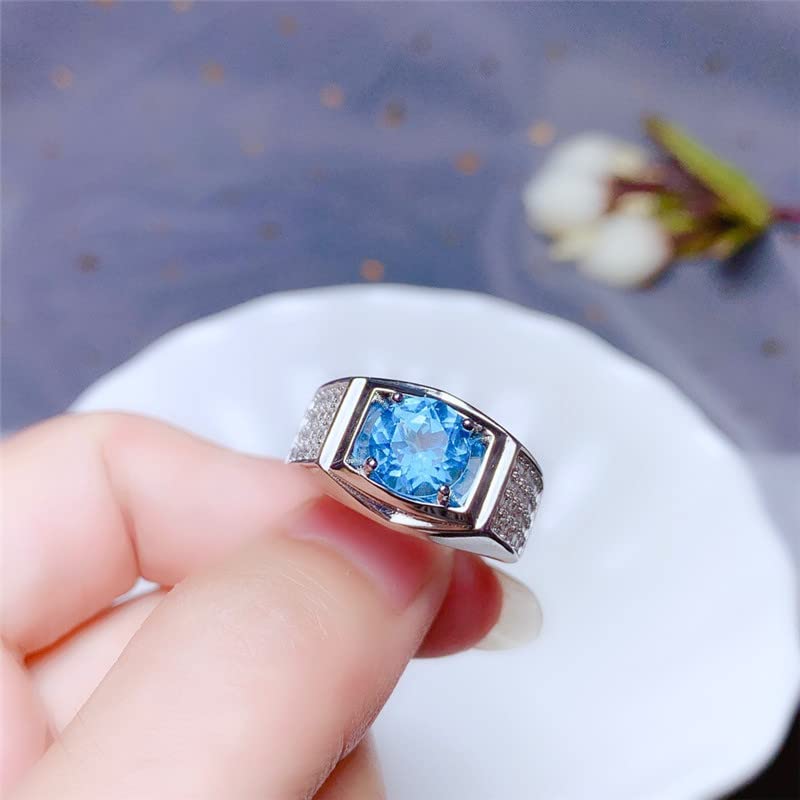 Men Ring Real 925 Sterling Silver 8MM Natural Blue Topaz Ring Fine Jewelry for Men Birthday Anniversary Party Gift ping