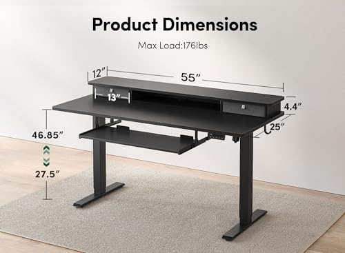 FEZIBO Standing Desk with Drawers, Adjustable Height Desk with Keyboard Tray, Stand Up Desk with Storage Shelf, 55 x 24 Inchs, Maple Top