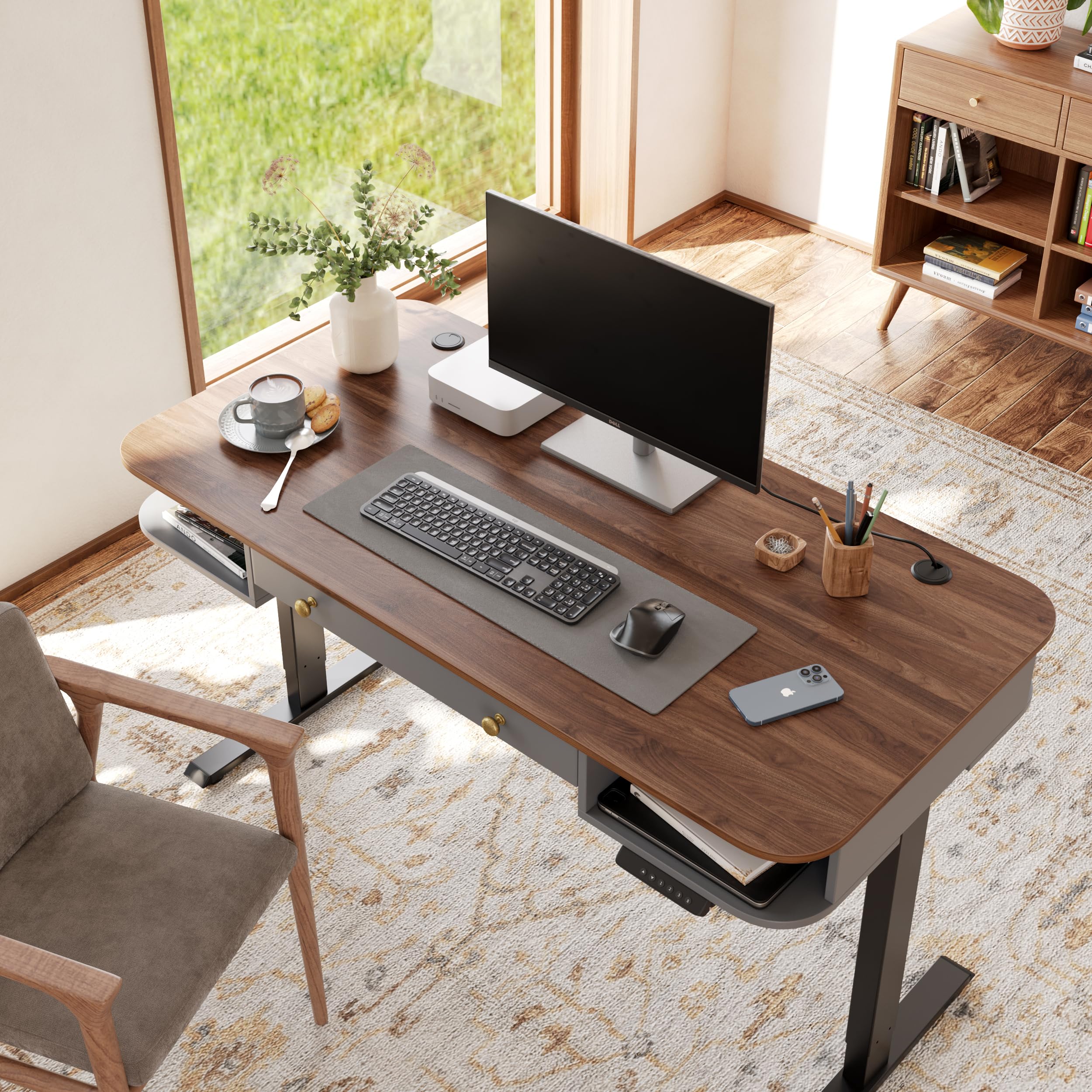 FEZIBO Whole Piece Mid Century Modern Electric Standing Desk with Drawer and Open Storage, 48 x 24 Inches Sit Stand Home Office Desk, Haze Blue Walnut(2 Packages)
