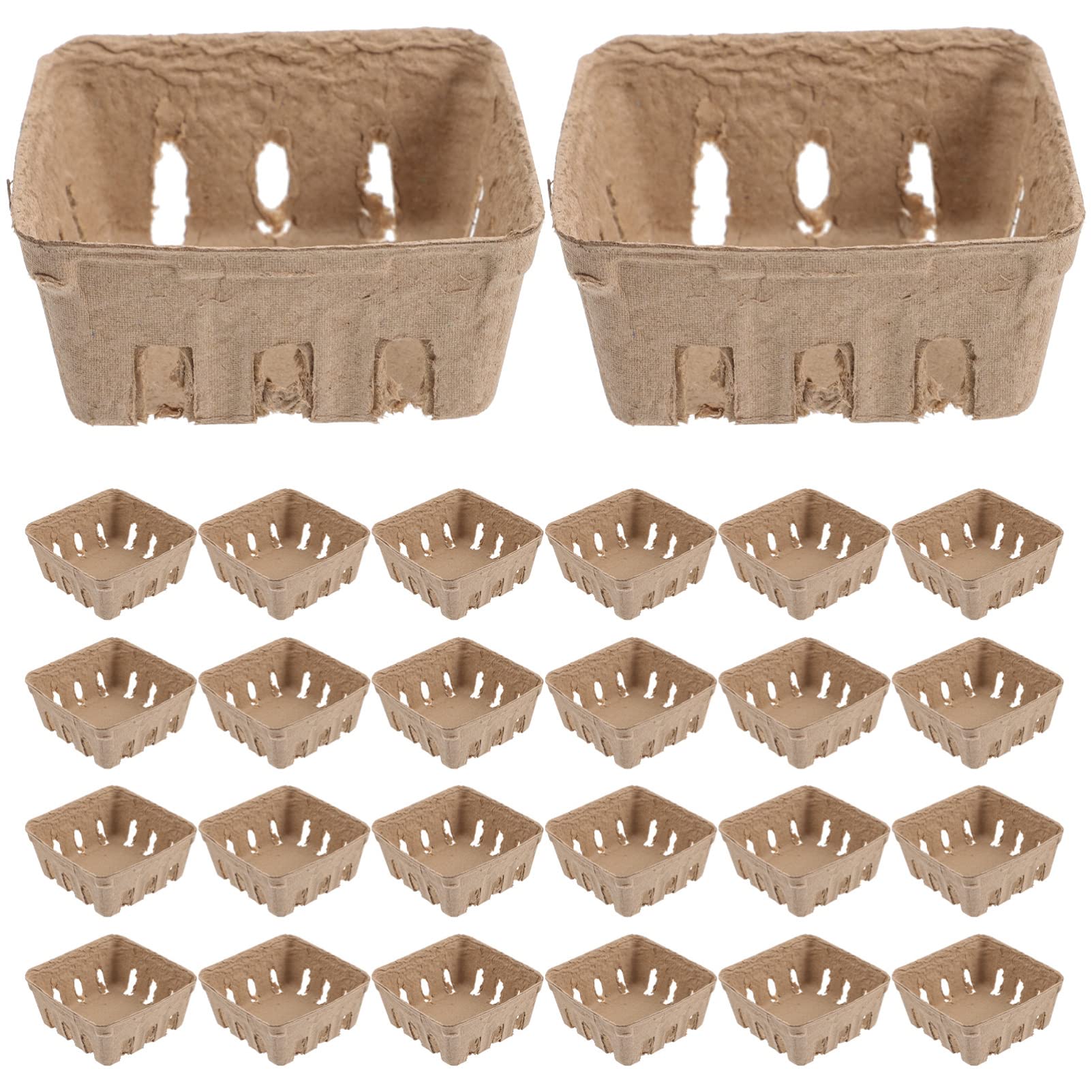GANAZONO Bushel Basket 50pcs Square Paper Berry Basket Pulp Fiber Produce Vented Container Holder Box Fruit Tray for Fruit Vegetable Farmer Market Grocery Packaging Desktop Stand