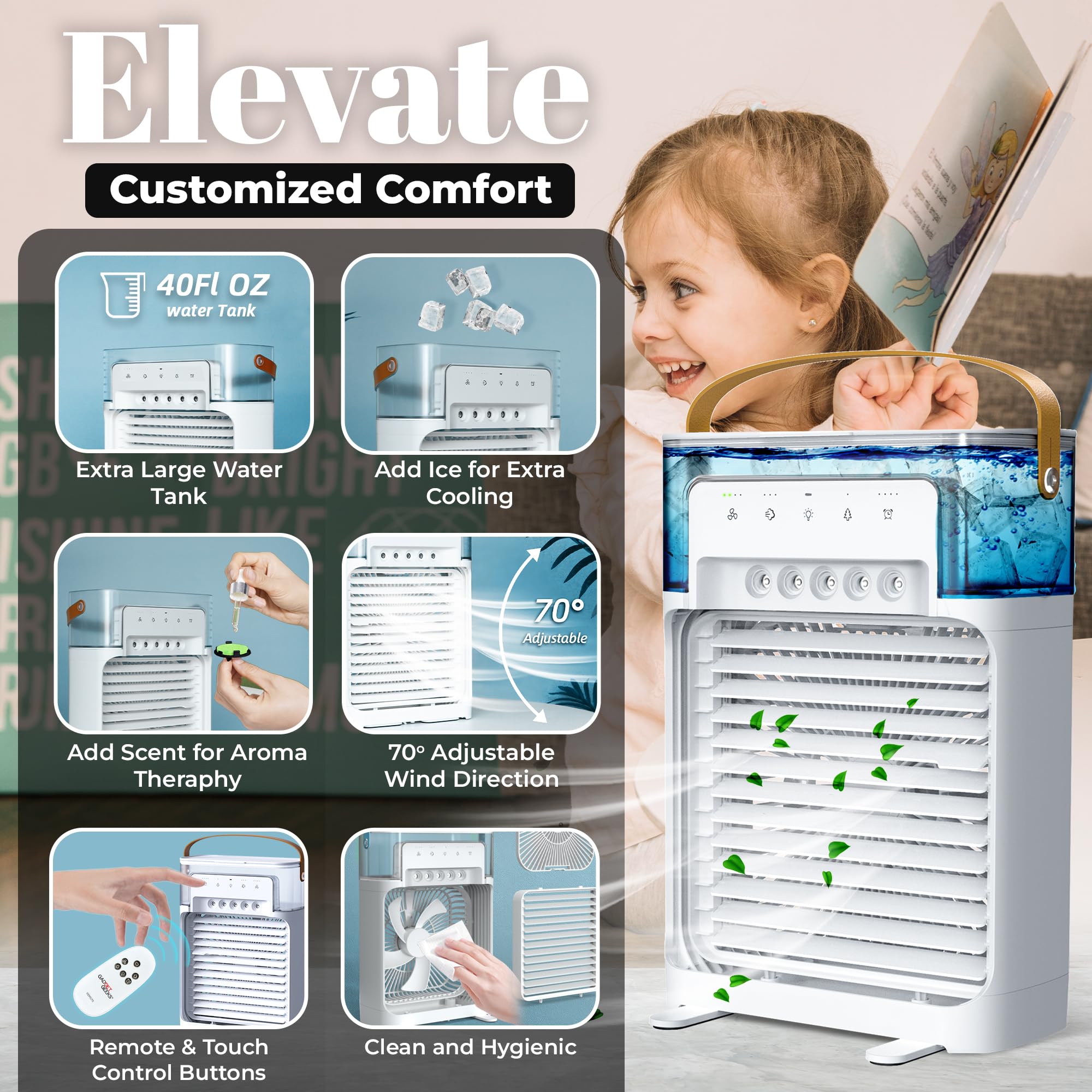 Portable Air Conditioner with Cooling Mist and Remote, Quiet comfort with 4 Speeds, XL 1200ml tank, Personal AC Fan with 5 Mists, 7 Night Lights, 2, 4, 6, 8H Timer, for Home, Office, White