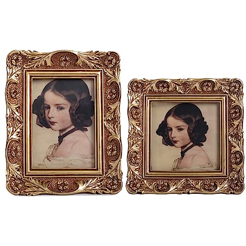 VINLIFE Vintage Picture Frames Set 3x3 Inch for Wallet Size Pictures Square & Oblong Retro Pic Frames in Gold with Antique Embossed Floral Design for Wall Mount or Tabletop Display Old-Fashioned Ornat