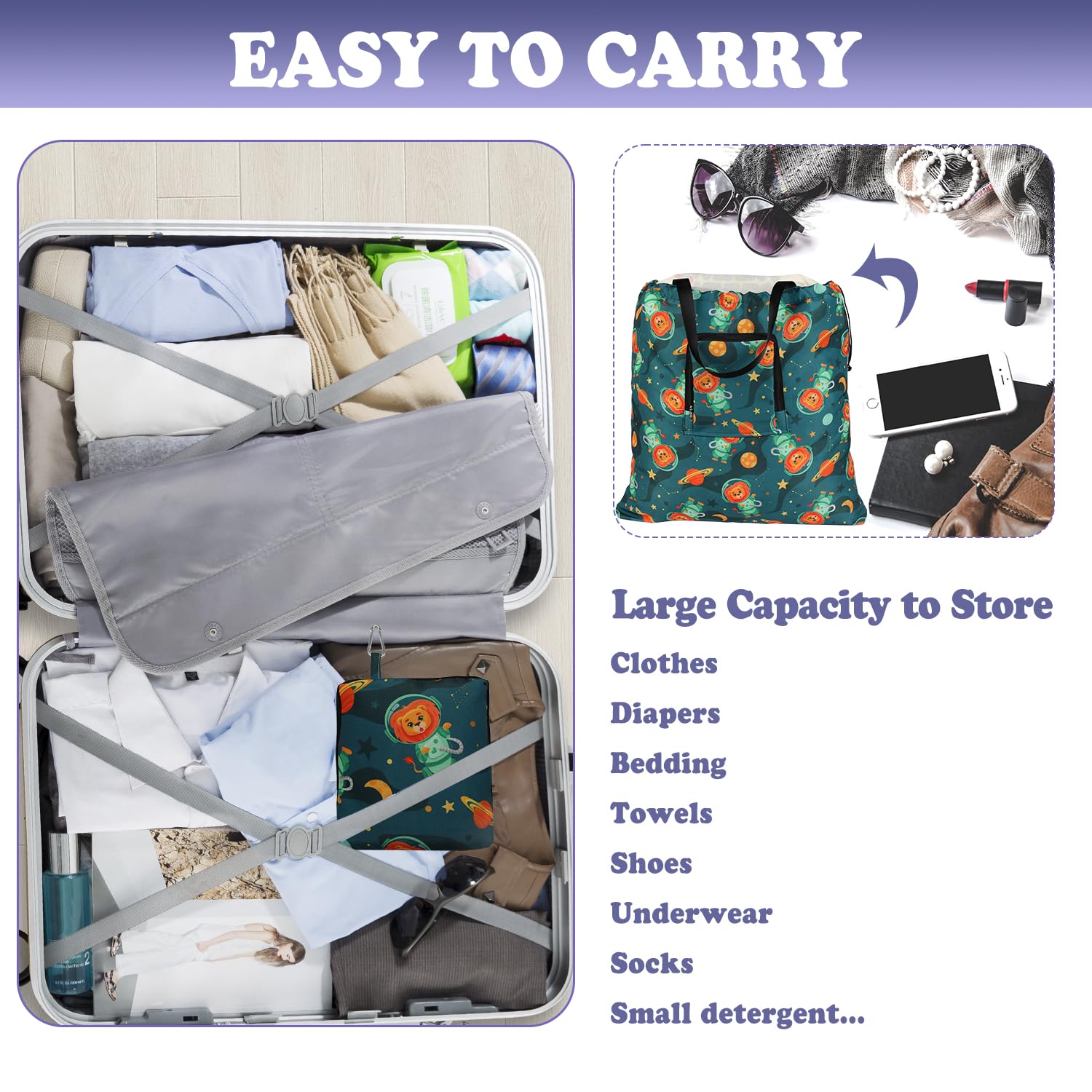 STOINSTO Foldable Travel Laundry Bag with Handle and Drawstring, 2 Pack Expandable Dirty Clothes Bags with Aluminum Carabiner and Zipper, Lightweight Laundry Hamper Liner for Travel, Camp, 20*19 inch