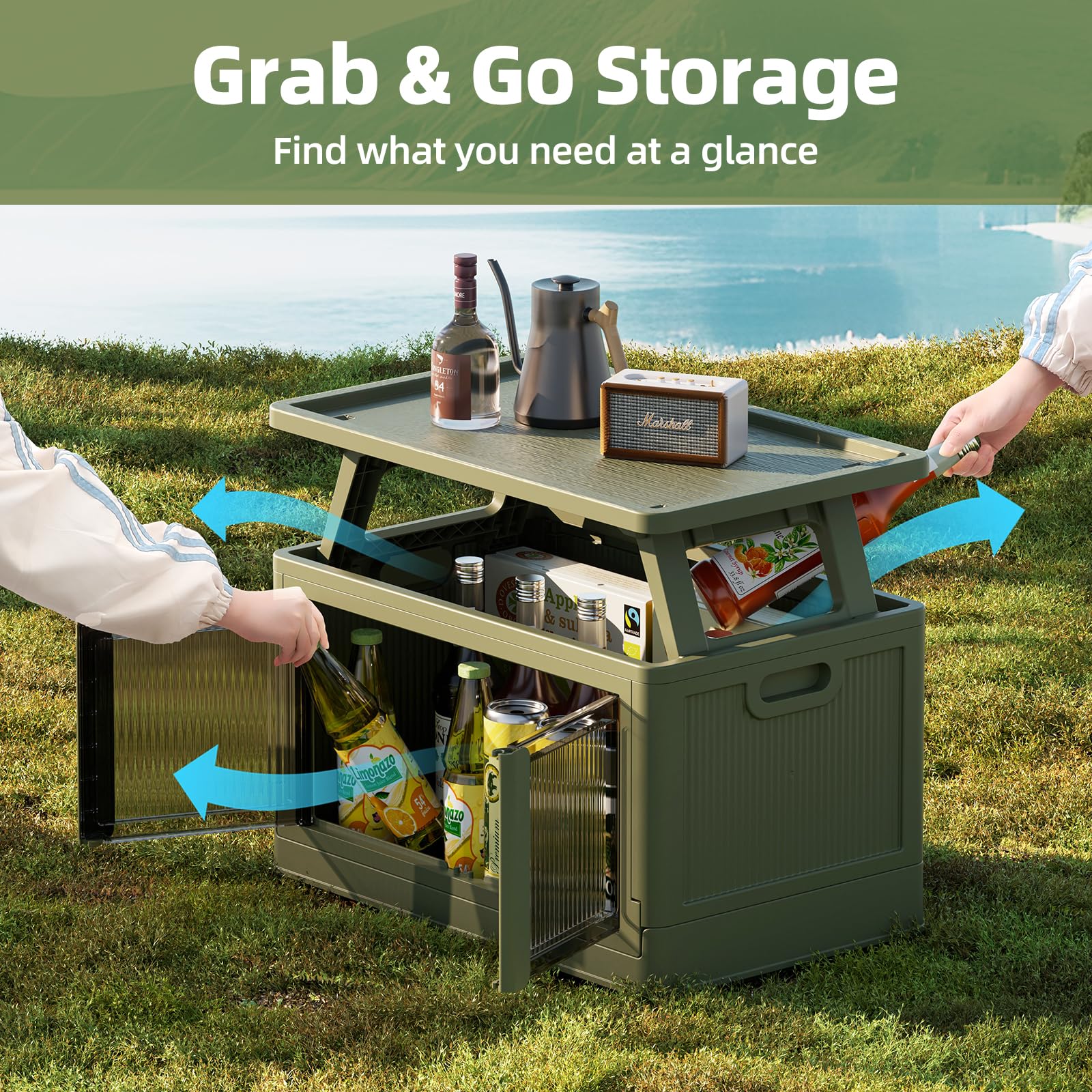 Outdoor Storage Box with Table Function, 100Qt Collapsible Trunk Organizers, Multifunctional Storage Container & Chuck Box for Picnics, Camping, Outdoor and Home (Green)